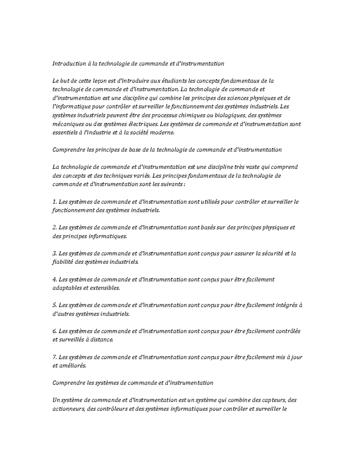 Control and Instrumentation Engineering Notes de cours - Introduction à ...