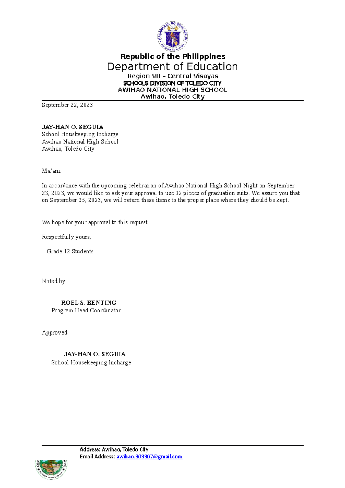 Request letter for Graduation suits - Republic of the Philippines ...