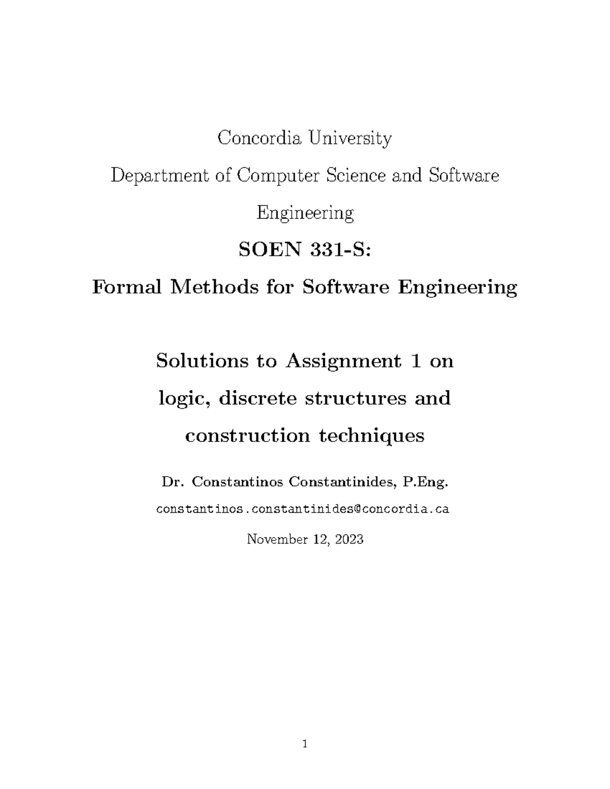 Assignment 1-sol - Concordia University Department of Computer Science and Software Engineering ...