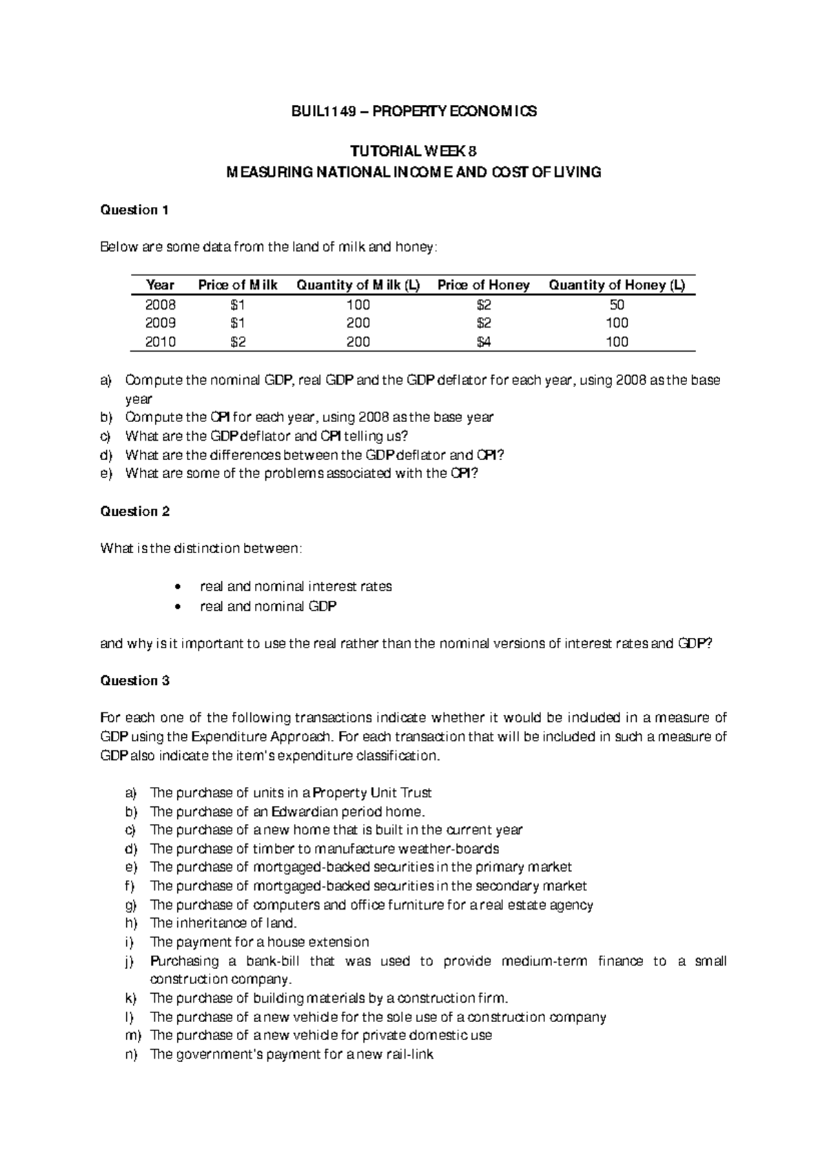 Tutorial Week 8 - BUIL1149 – PROPERTY ECONOM ICS TUTORIAL W EEK 8 M ...