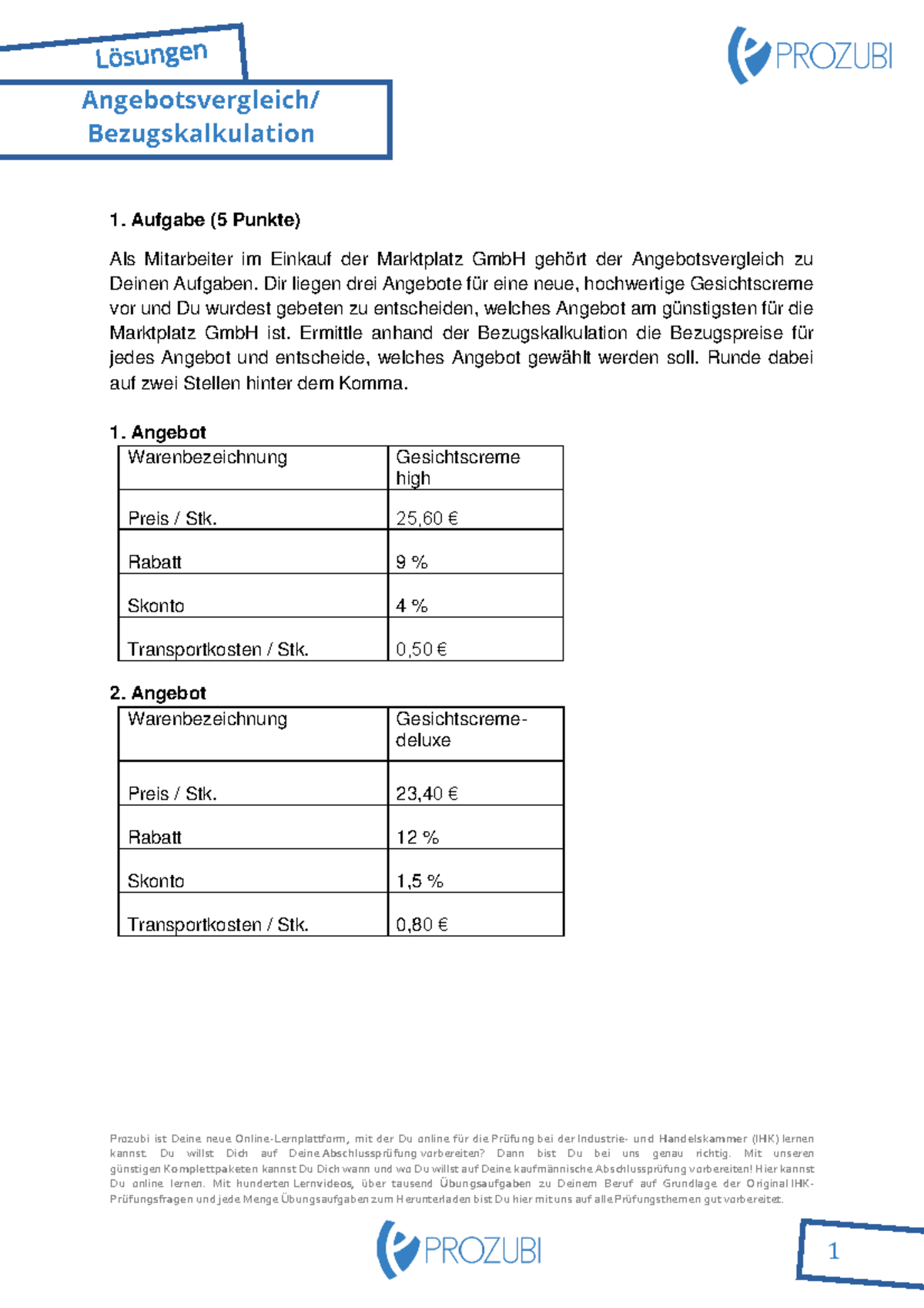 Angebotsvergleich Bezugskalkulation Lösung-1 - Prozubi ist Deine neue ...