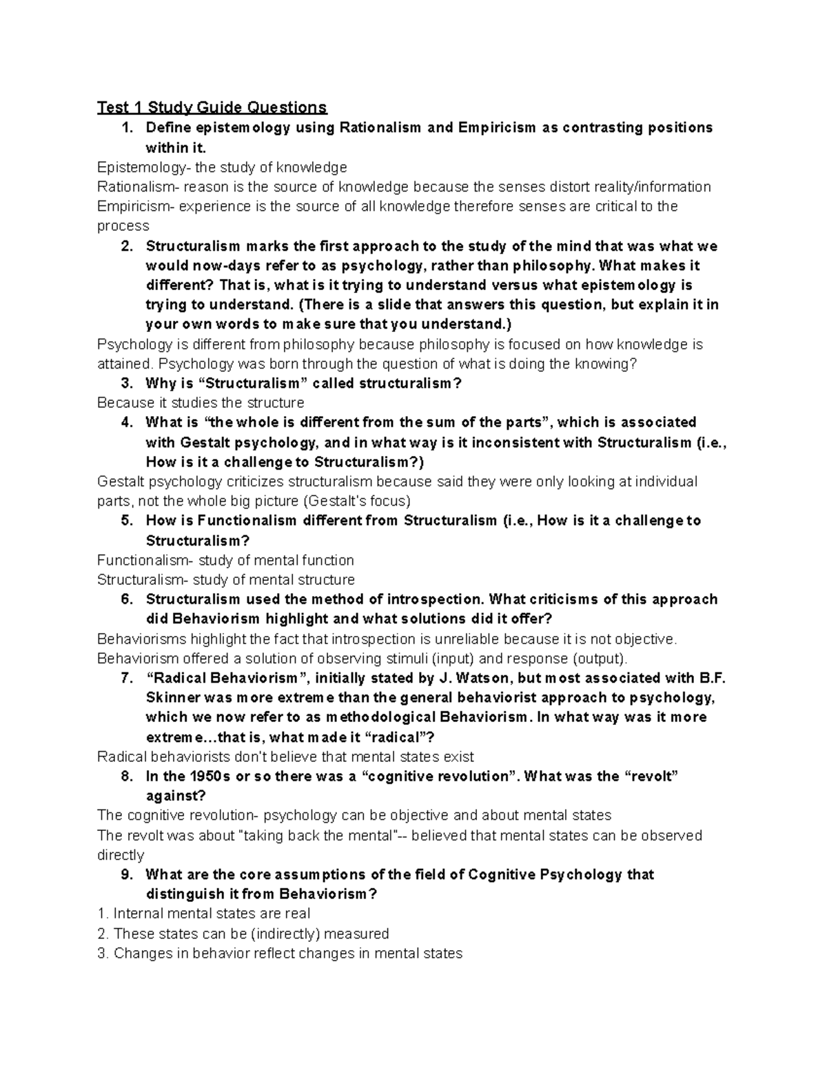 Test 1 Study Guide - Test 1 Study Guide Questions Define epistemology ...