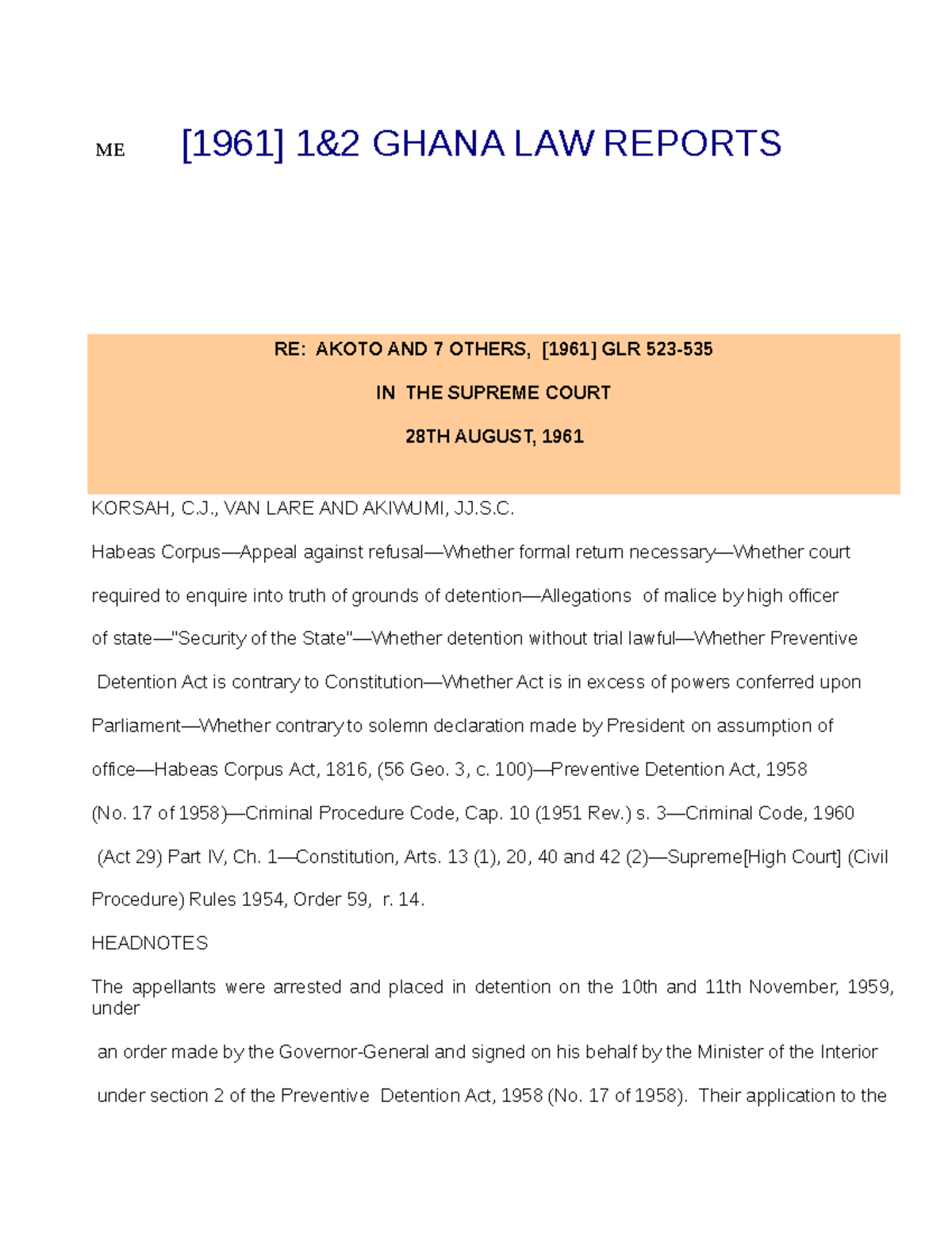 Re Akoto and Seven Others - ME [1961] 1&2 GHANA LAW REPORTS RE: AKOTO ...