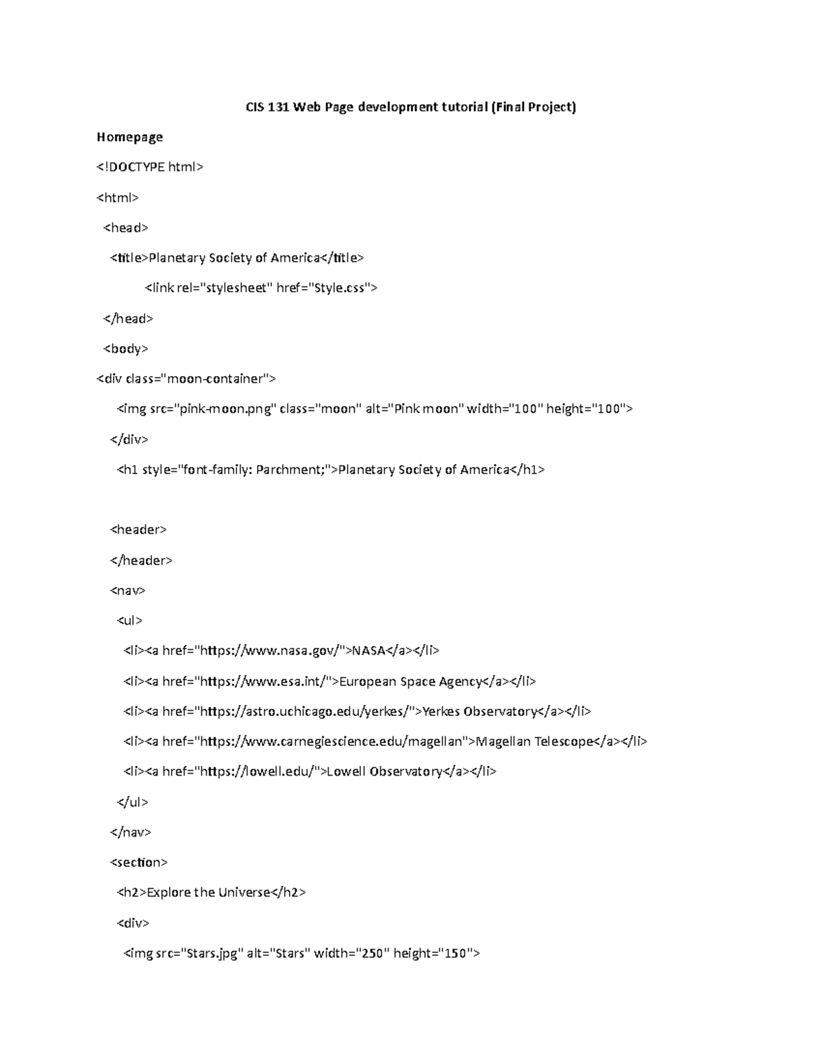 CIS 131 Web Page development tutorial final project - CIS 131 Web Page ...