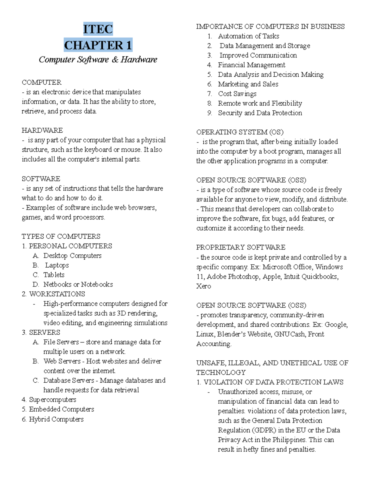ITEC- Reviewer - ITEC CHAPTER 1 Computer Software & Hardware COMPUTER - is an electronic device ...