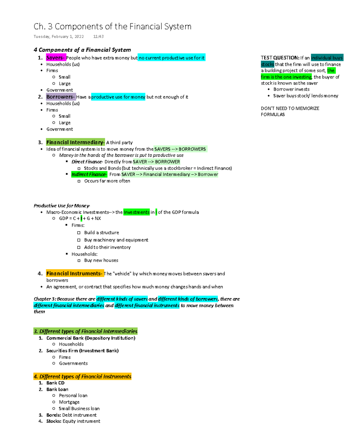 Econ Notes Ch. 3 - Ch. 3 Components of the Financial System Tuesday ...