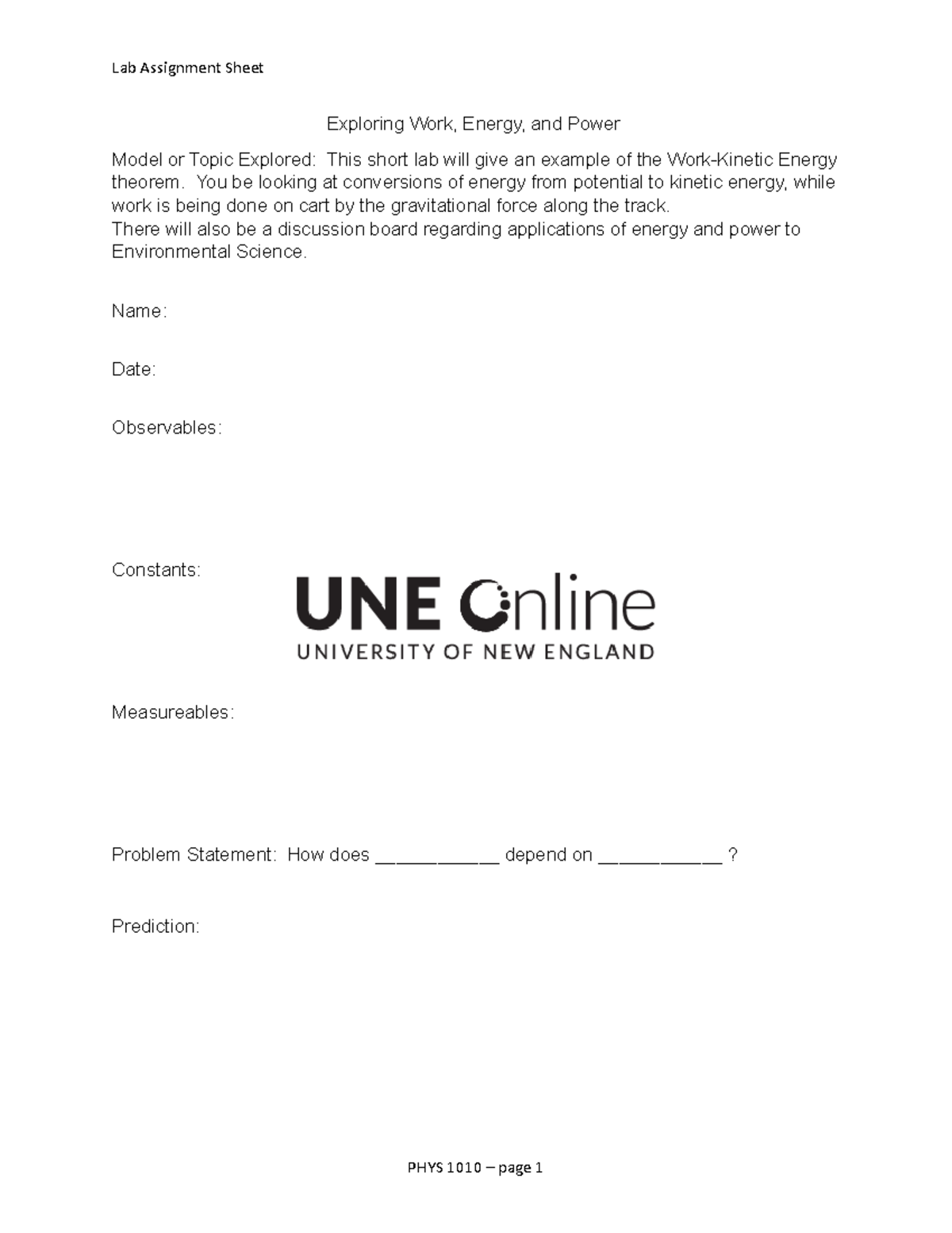Lab 10 - Exploring Work Energy and Power Assignment Sheet - Exploring ...