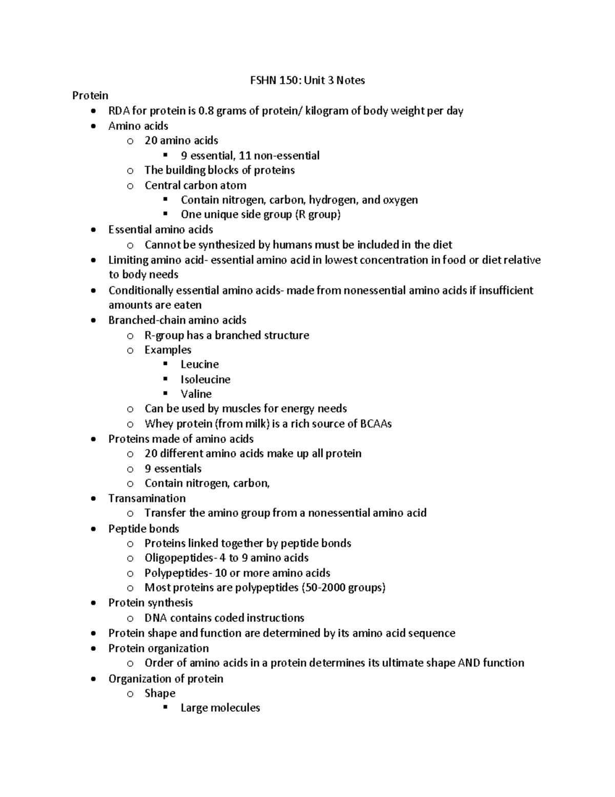 FSHN 150 Unit 3 Notes - FSHN 150: Unit 3 Notes Protein RDA for protein ...