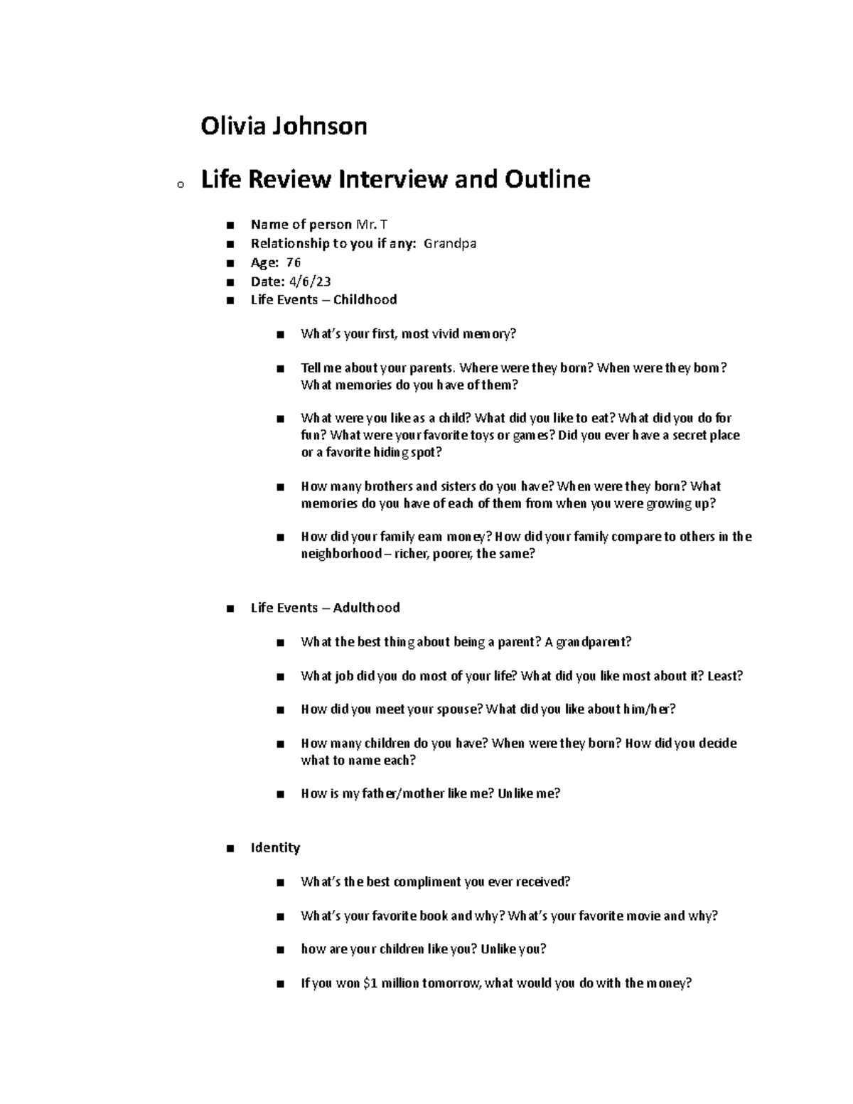 Life Review Interview and Outline-2 - T Relationship to you if any ...