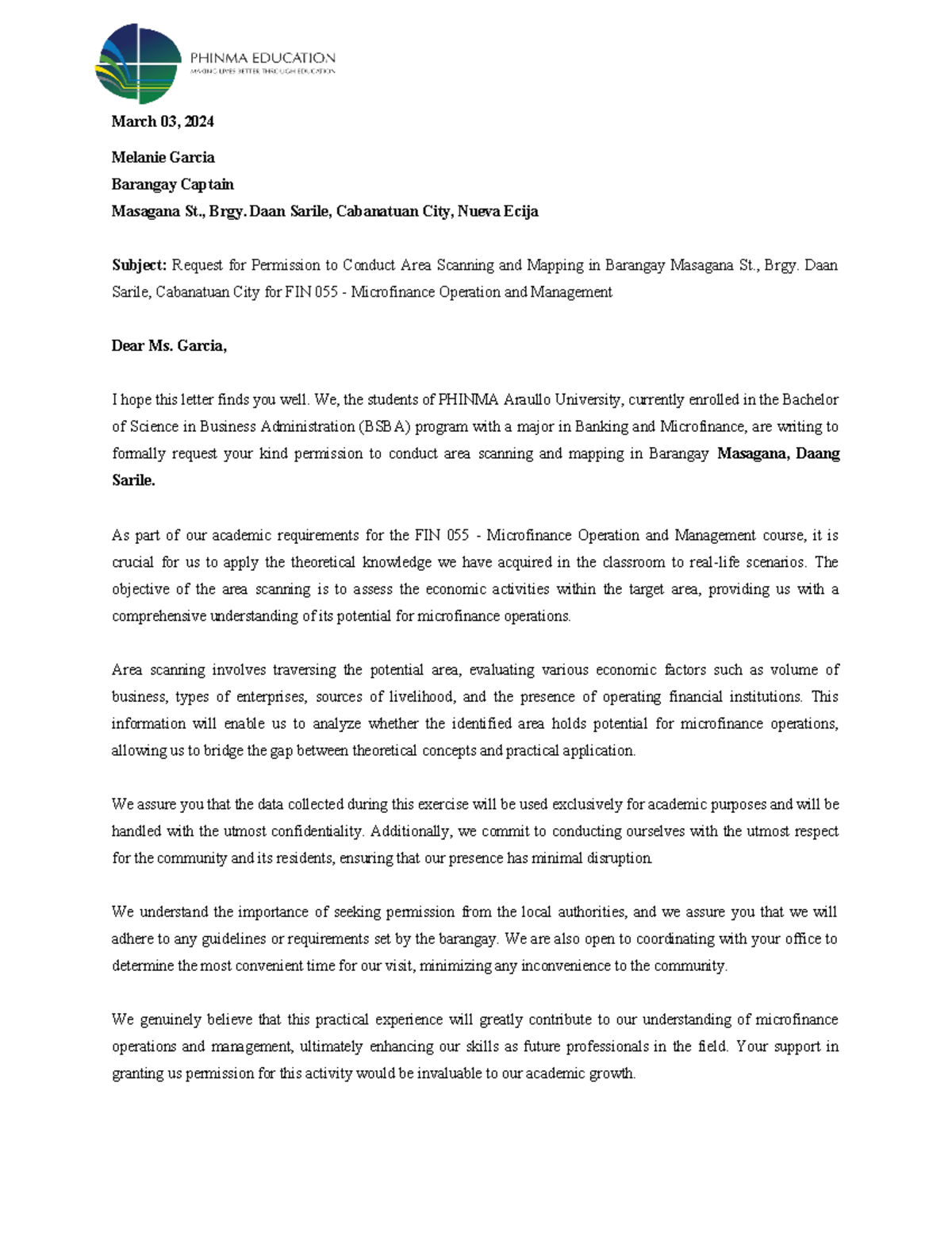 Edited version requet letter - March 03, 2024 Melanie Garcia Barangay ...