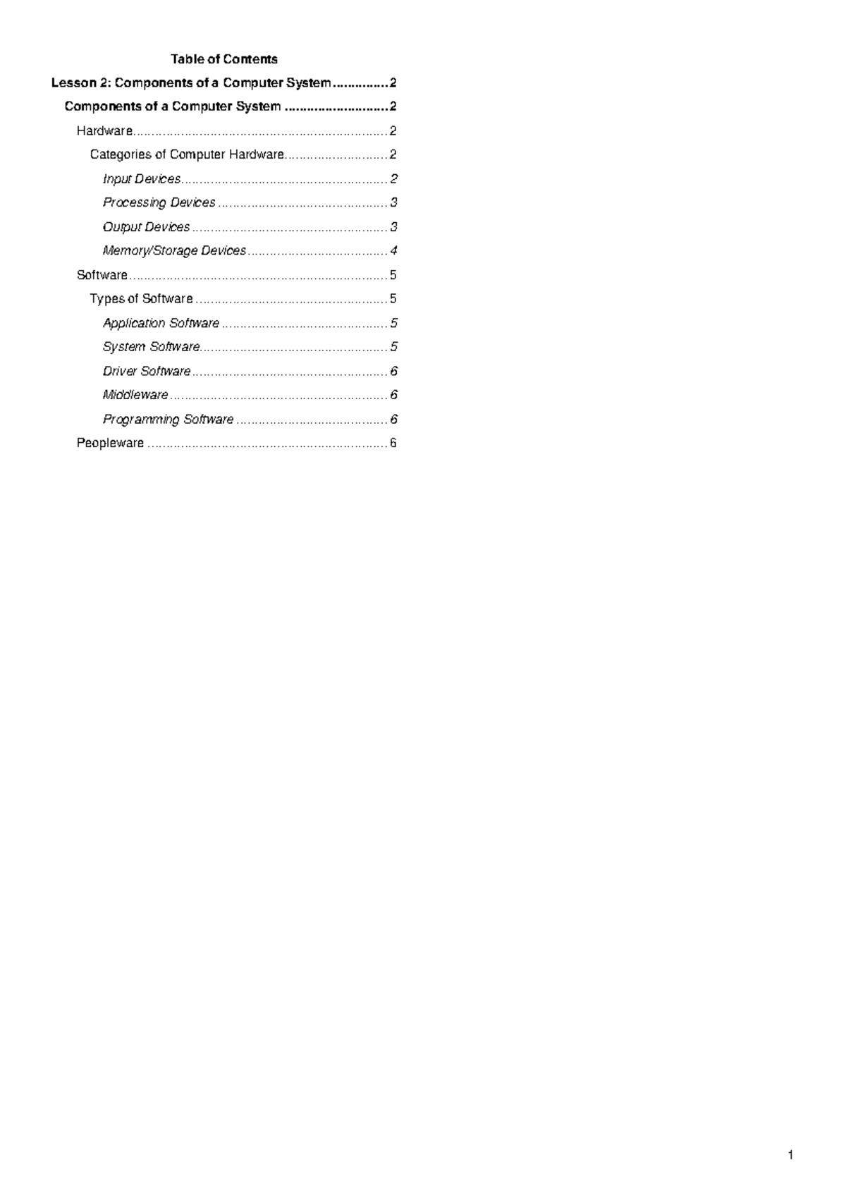 2 Components of a Computer System - Table of Contents Lesson 2 ...