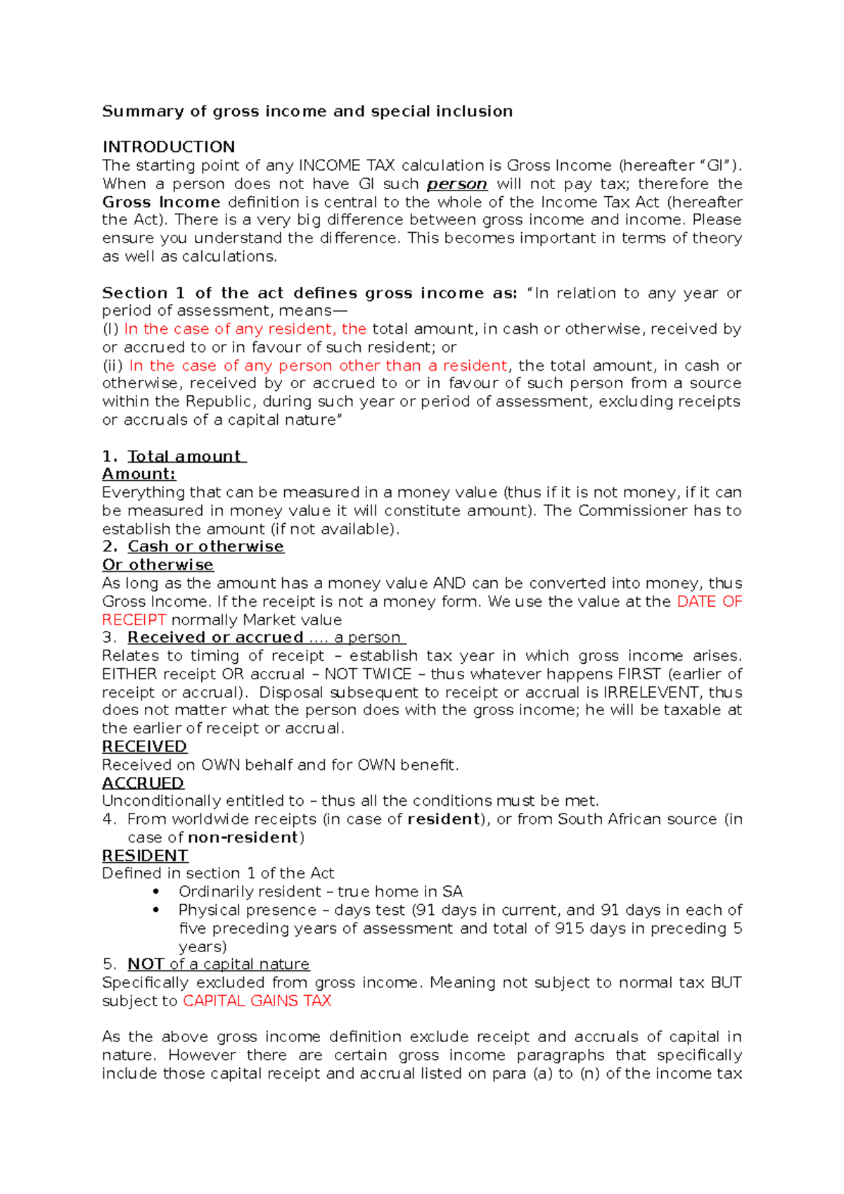 Summary of gross income and special inclusion - Summary of gross income ...