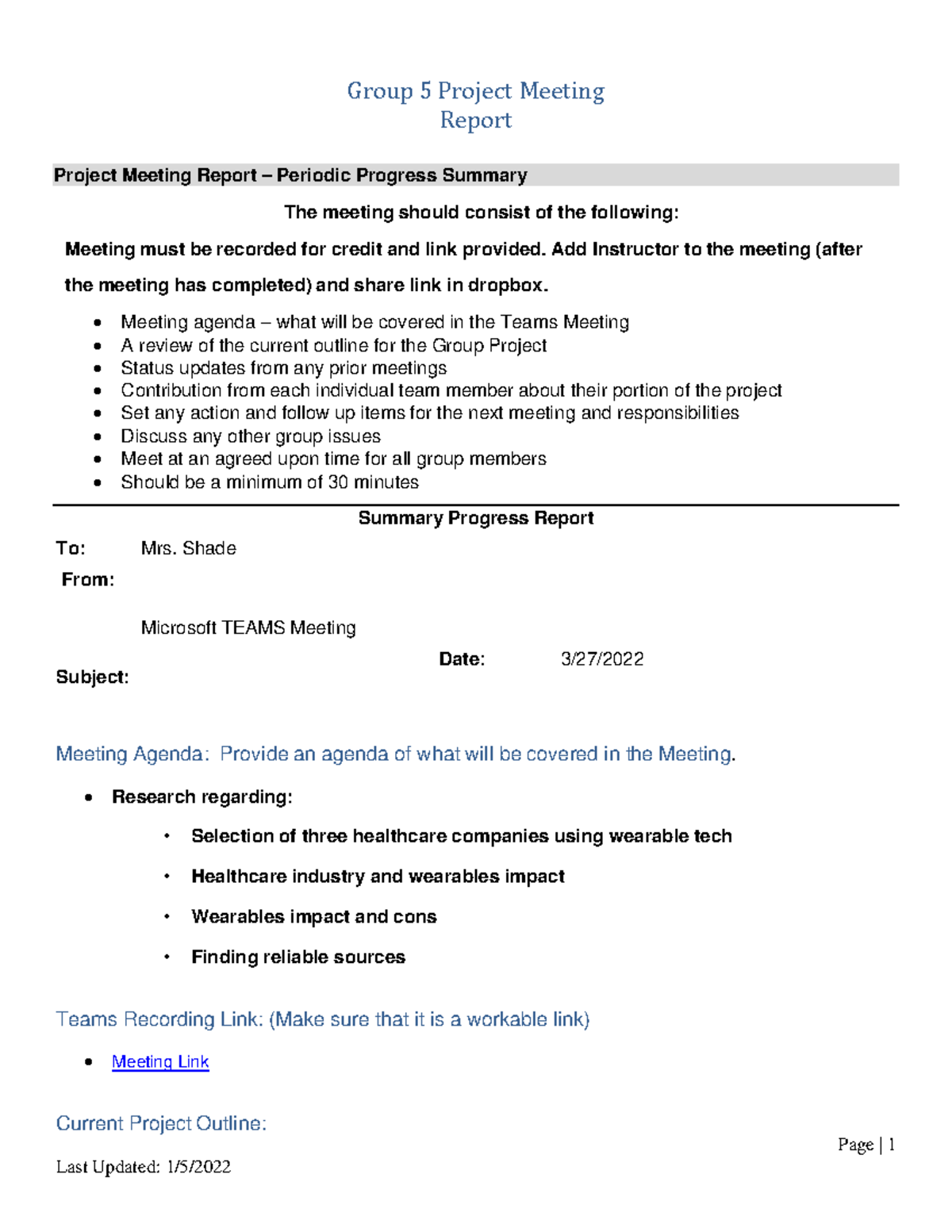 2200Project Status Reportspring 2022 - Page | 1 Last Updated: 1/5 ...