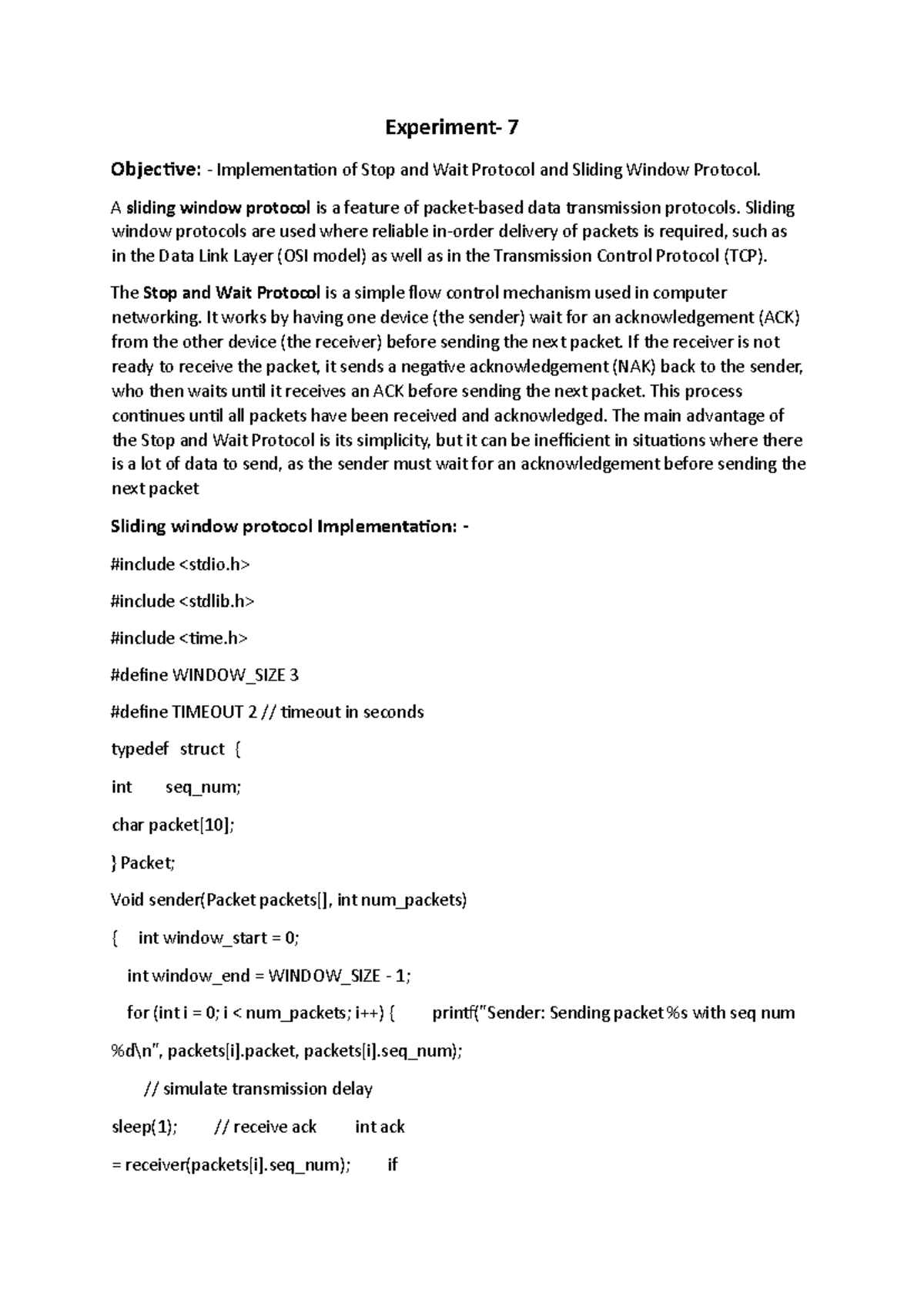 Exp 7 cn - notes - Experiment- 7 Objective: - Implementation of Stop ...