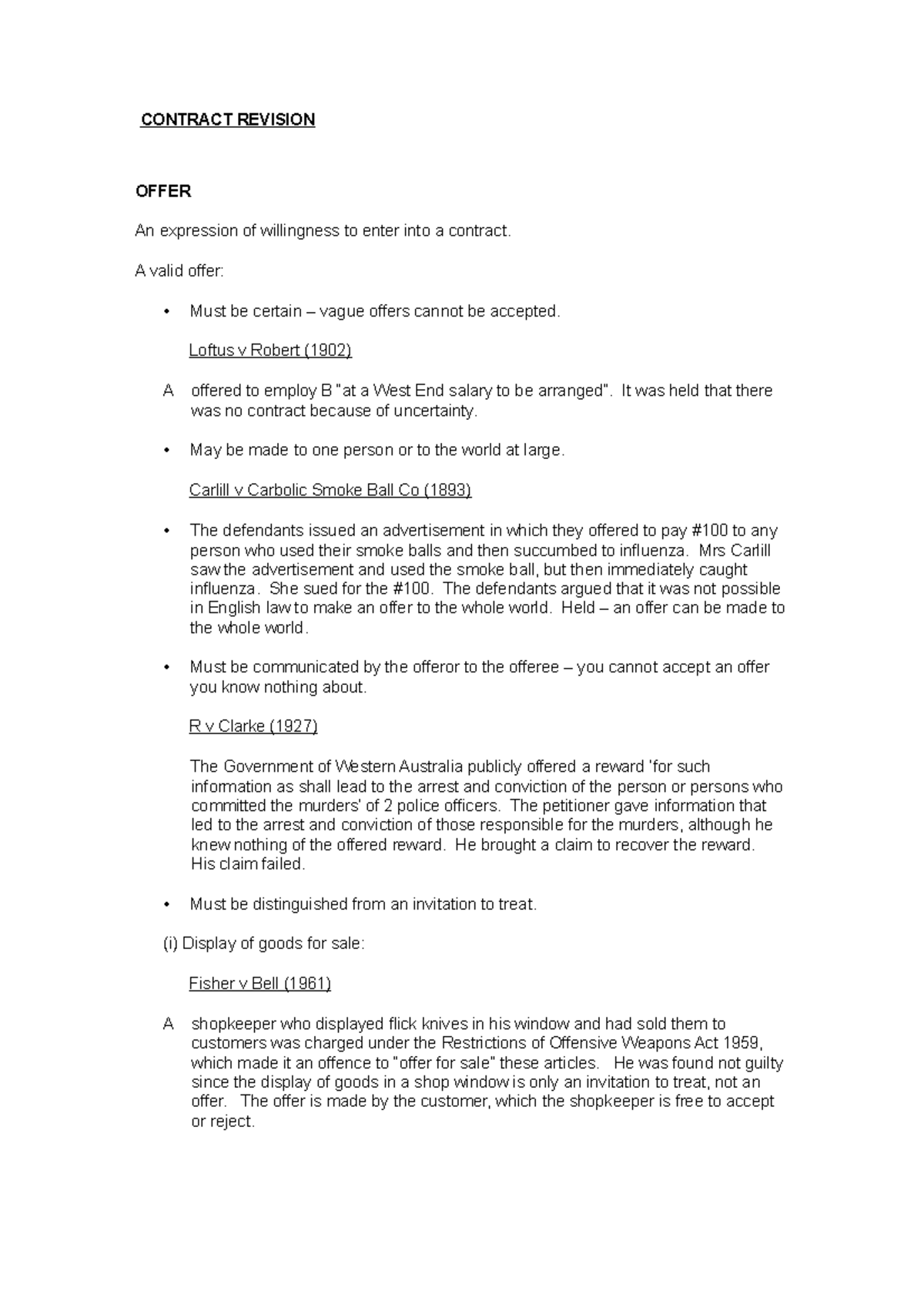 Llb contract revision notes - CONTRACT REVISION OFFER An expression of ...