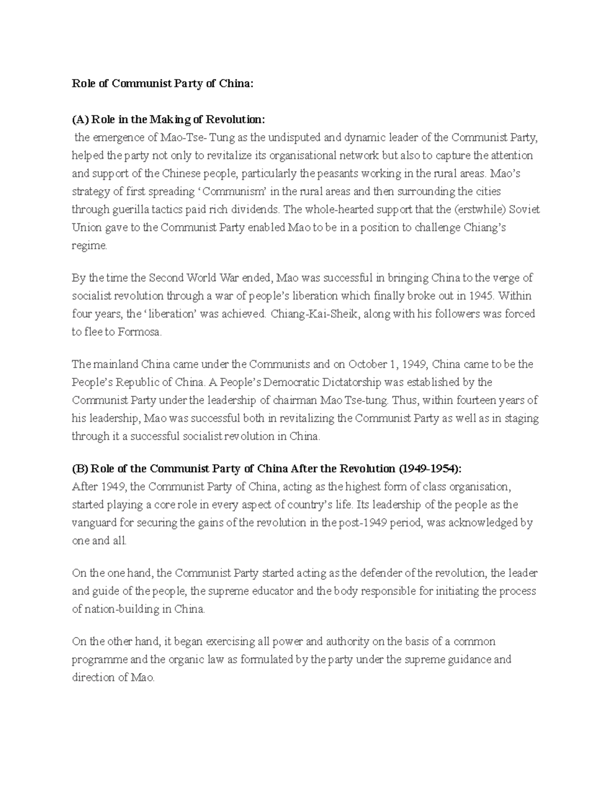 Role of Communist Party of China - Mao’s strategy of first spreading ...