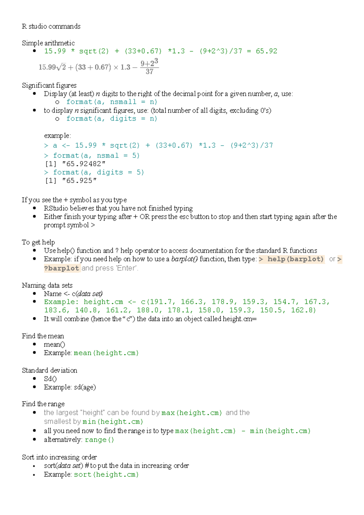 R studio commands for MATH1041 - R studio commands Simple arithmetic 15 ...