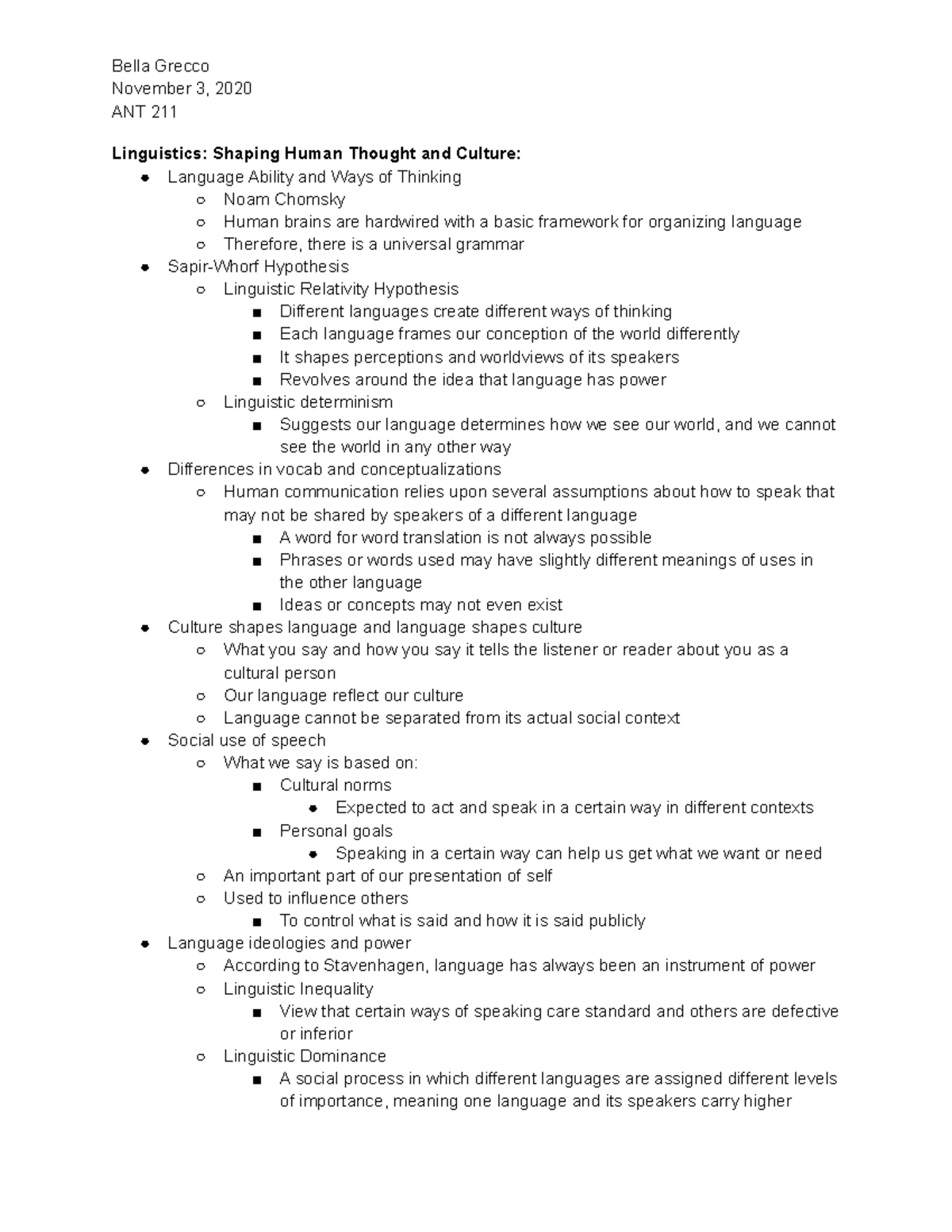 Class Notes 11 3 2020 (Linguistics Shaping Human Thought and Culture ...