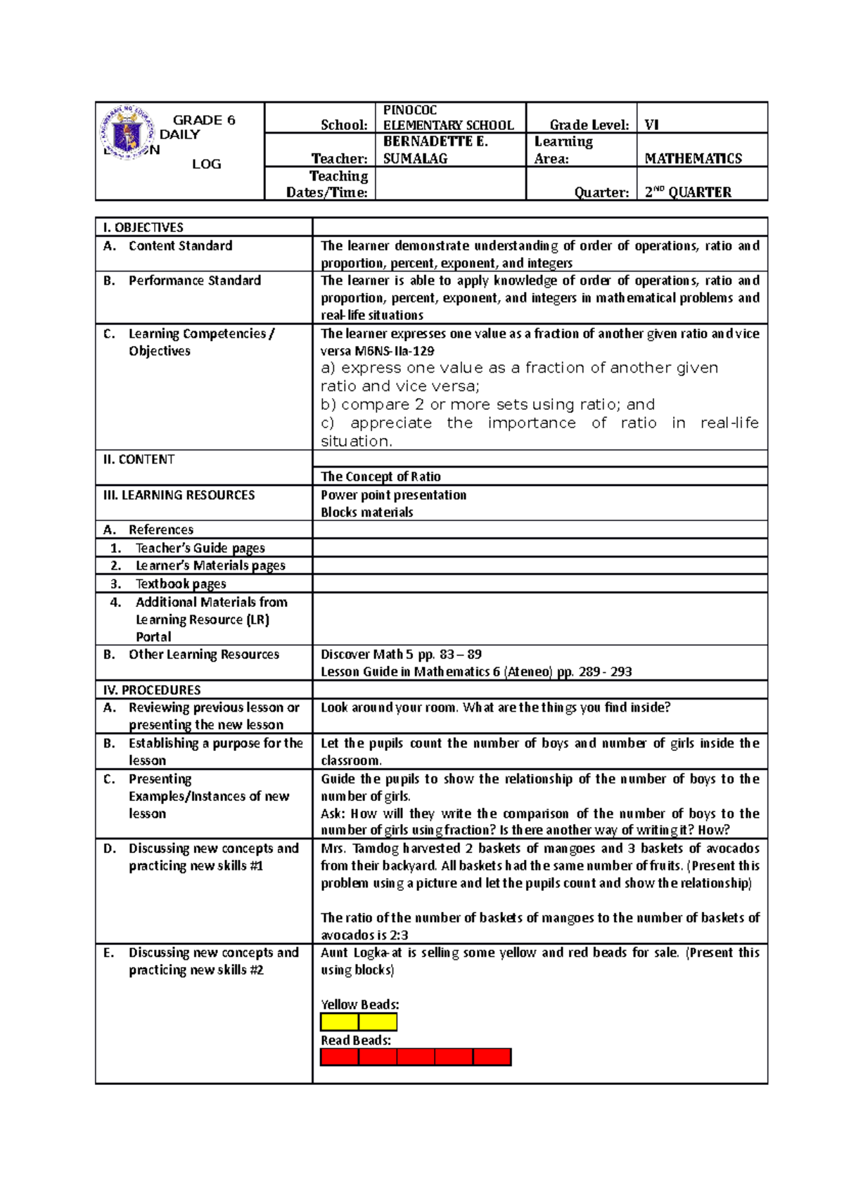 DLL MATH 6 Q2 W1 - rrrrrrrrrr - GRADE 6 DAILY LESSON LOG School ...