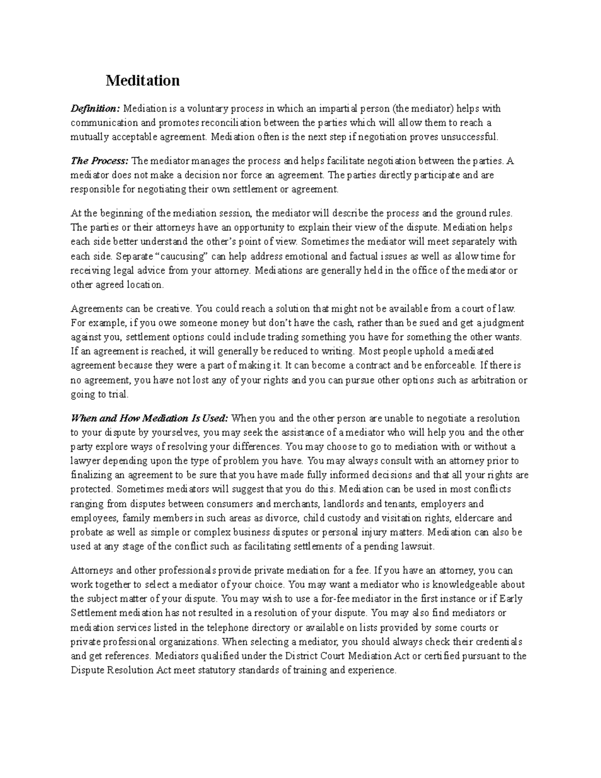 ER - notes - Meditation Definition: Mediation is a voluntary process in ...