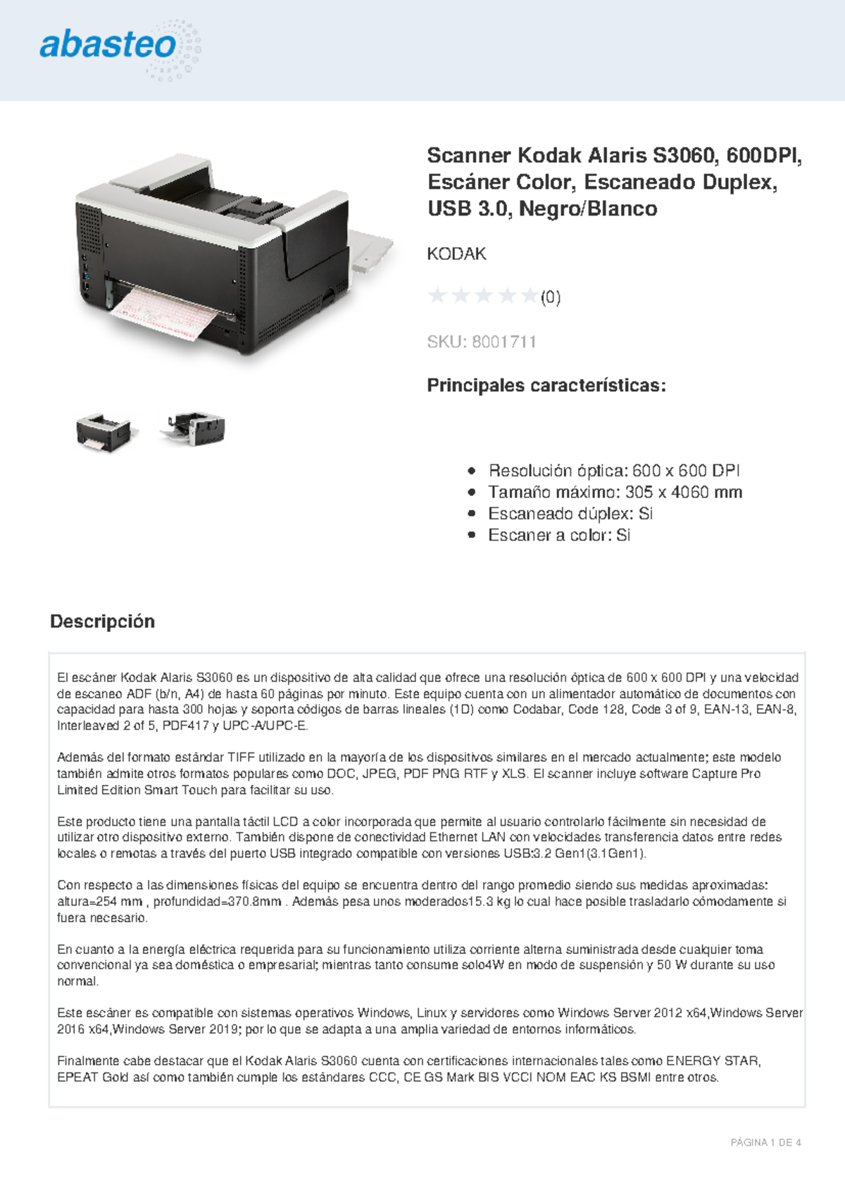 Product details 8001711 - Scanner Kodak Alaris S3060, 600DPI, Escáner ...