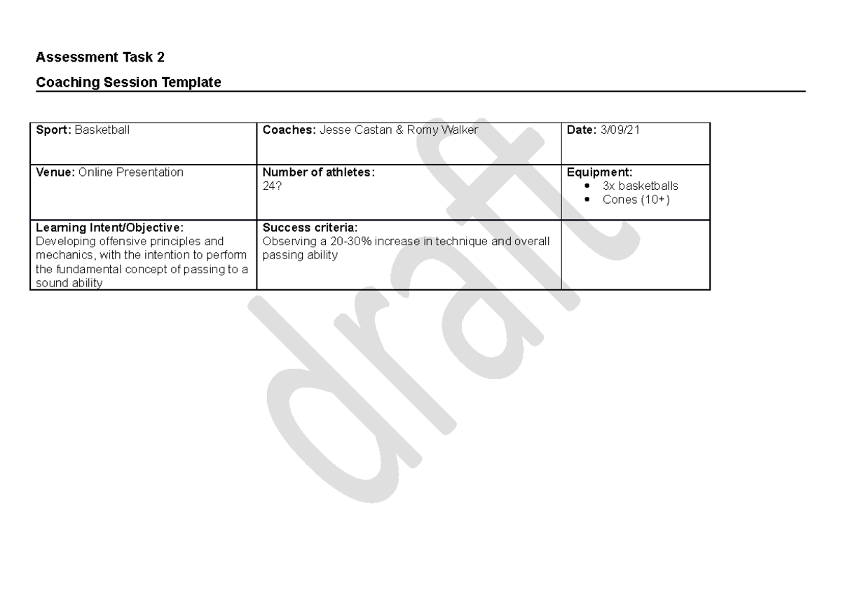 Ball session plan for sports coaching presentation - Assessment Task 2 ...