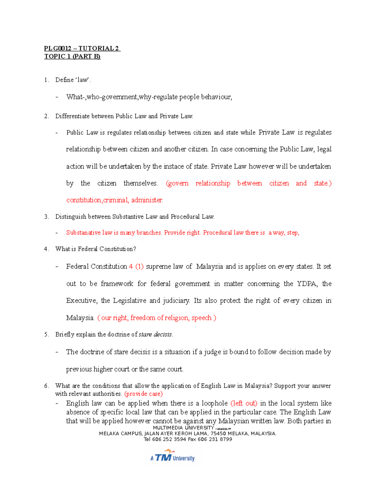 Tut 2 Topic 1 Part B Question Only Plg0012 Tutorial 2 Topic 1 Part B 1 Define ‘law