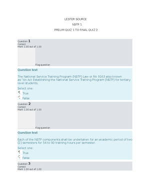 NSTP1 PRELIM TO EXAM - Question 1 Correct Mark 1 out of 1. Flag question Question text A type of ...