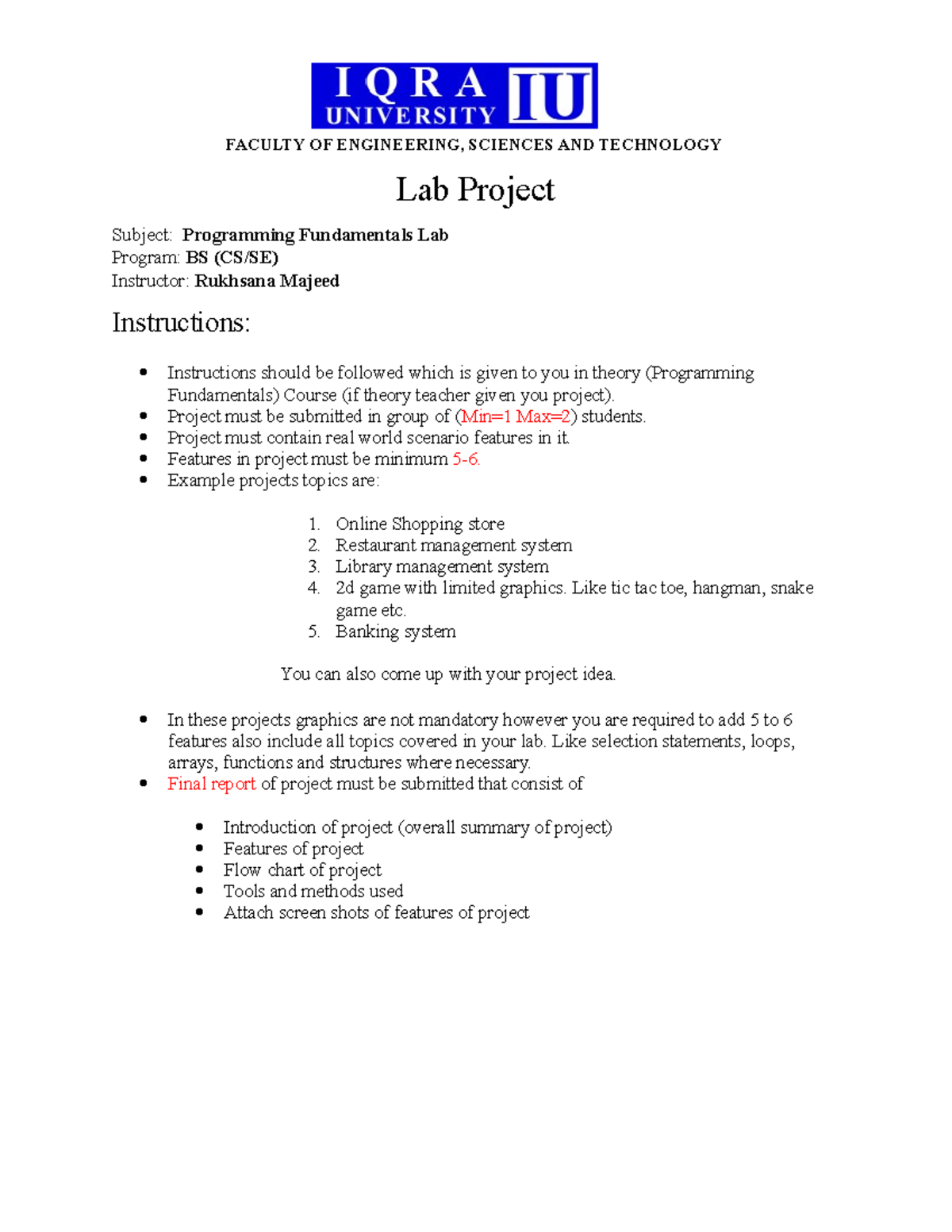 Project Requirement - FACULTY OF ENGINEERING, SCIENCES AND TECHNOLOGY Lab Project Subject: - Studocu