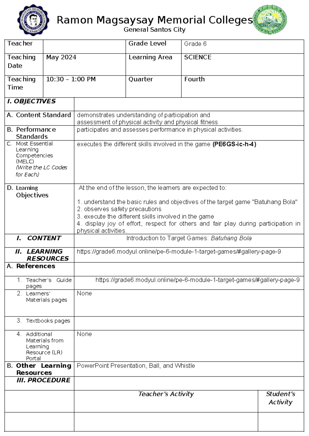 Intro-TO- Target- Games - Ramon Magsaysay Memorial Colleges General ...