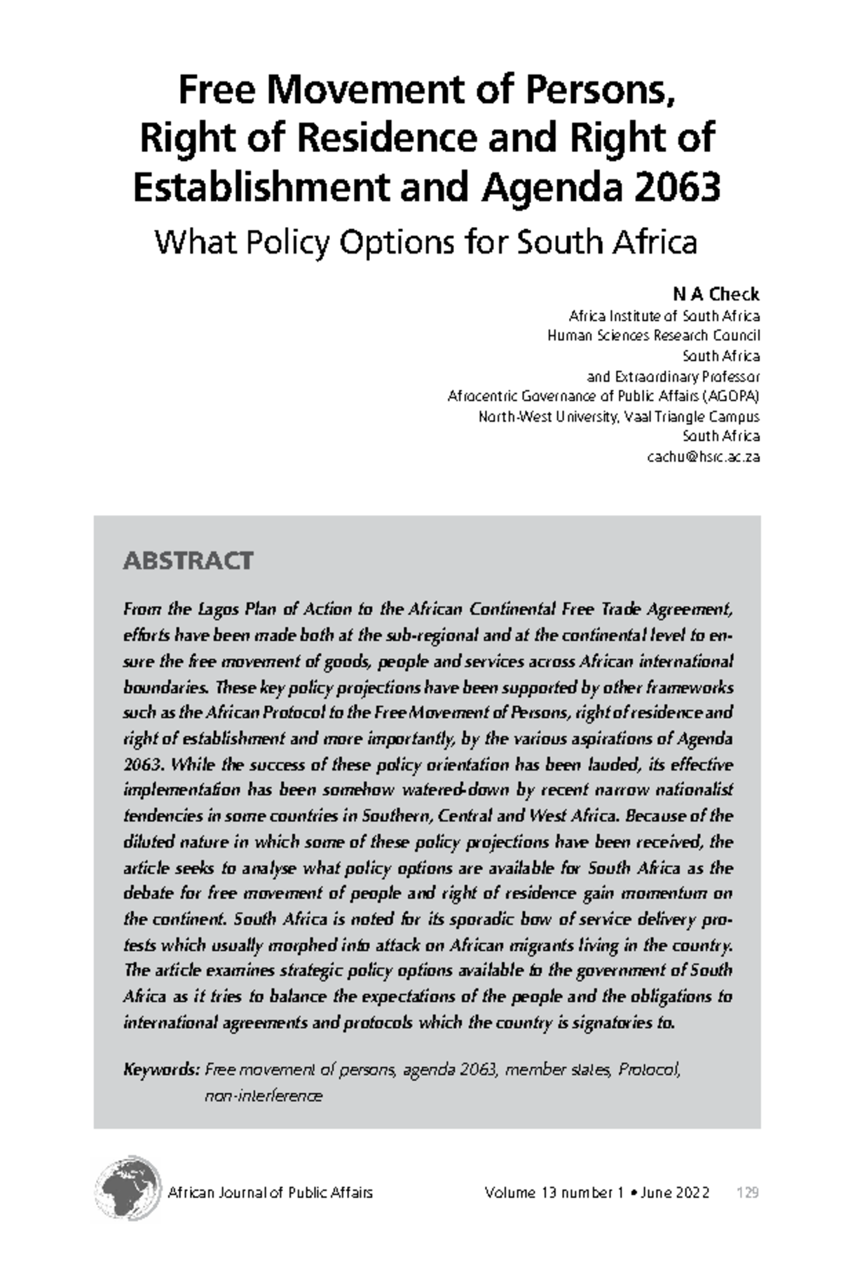 Check, N. A. Free Movement of Persons, Right of Residence and Right of ...