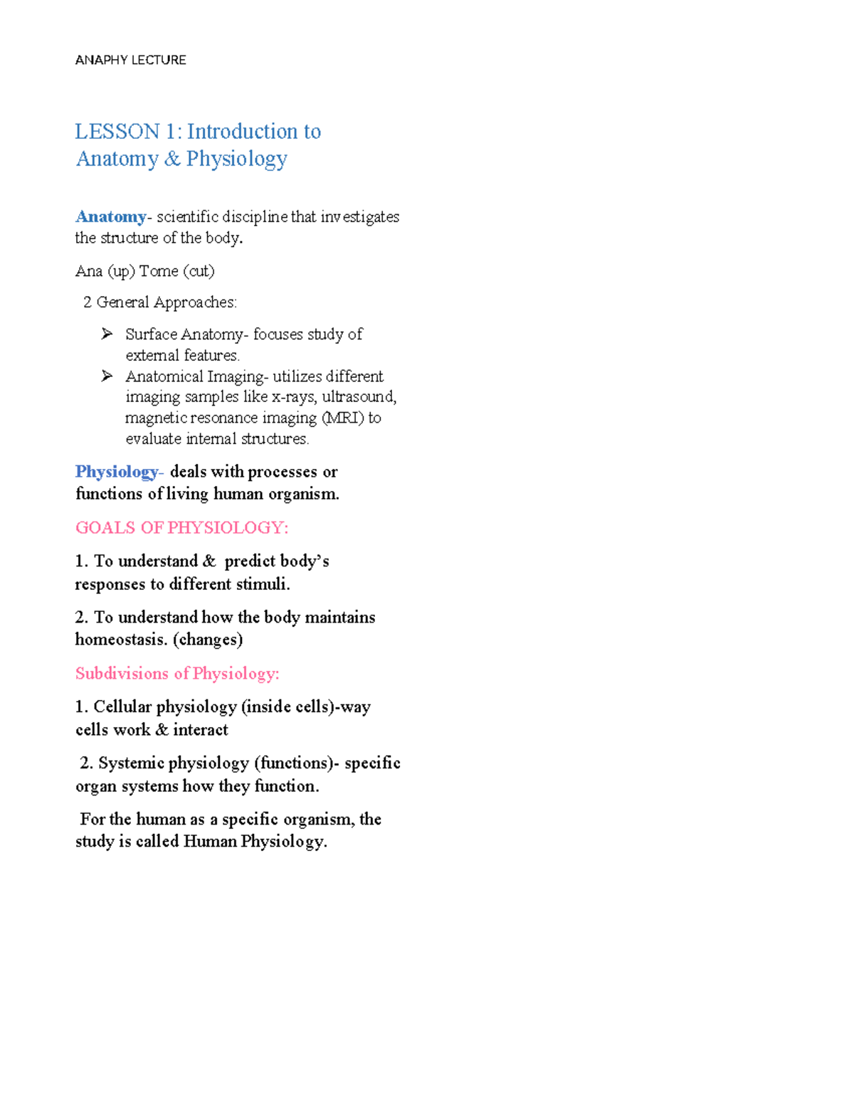 Anaphy lecture - reviewer - ANAPHY LECTURE LESSON 1: Introduction to ...