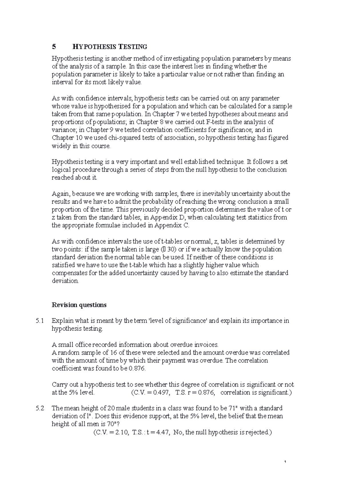 Revision 5 Hypothesis testing - 5 HYPOTHESIS TESTING Hypothesis testing ...