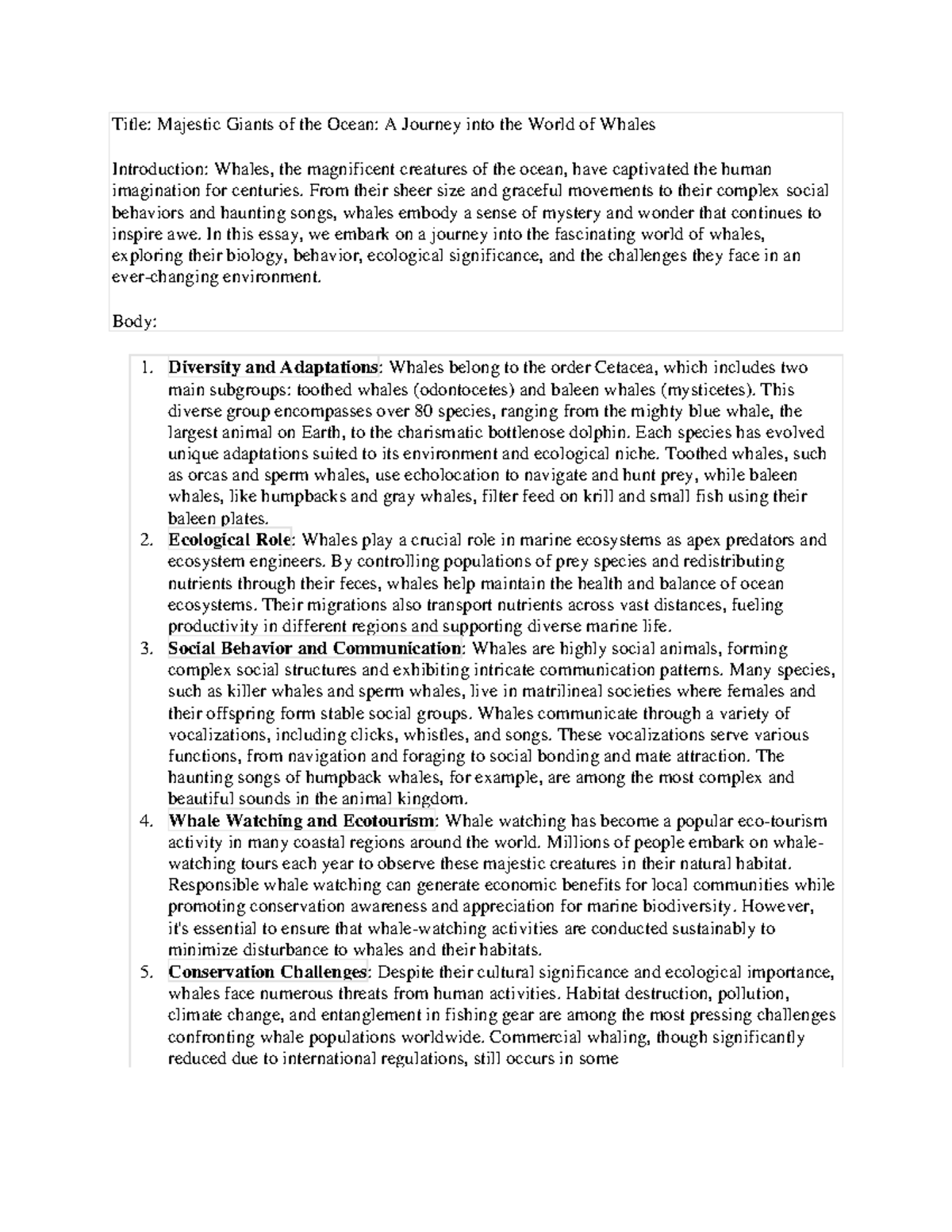 Essay - Title: Majestic Giants of the Ocean: A Journey into the World ...