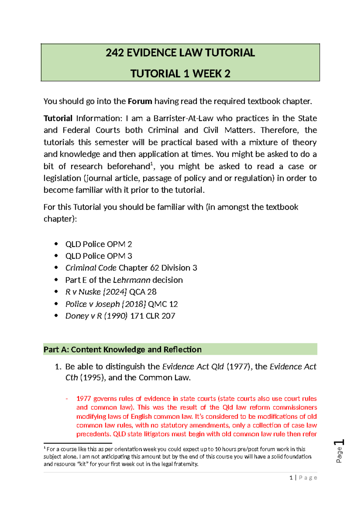 Tutorial 1 Week 2 - tut - Page 1 242 EVIDENCE LAW TUTORIAL TUTORIAL 1 WEEK 2 You should go into ...