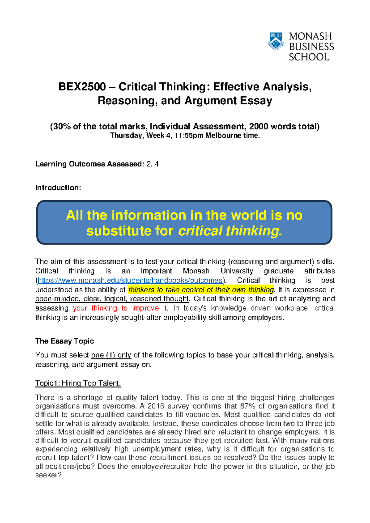 BEX2500 - Critical Thinking Essay-Effective Analysis, Logic and ...