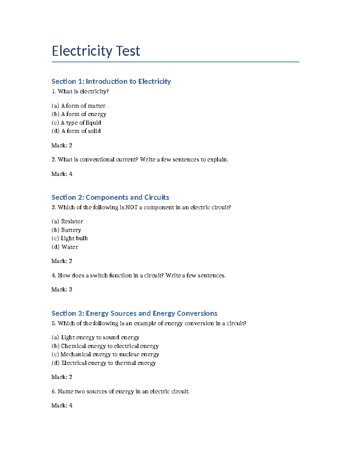 Electricity Test with Memo - Electricity Test Section 1: Introduction ...