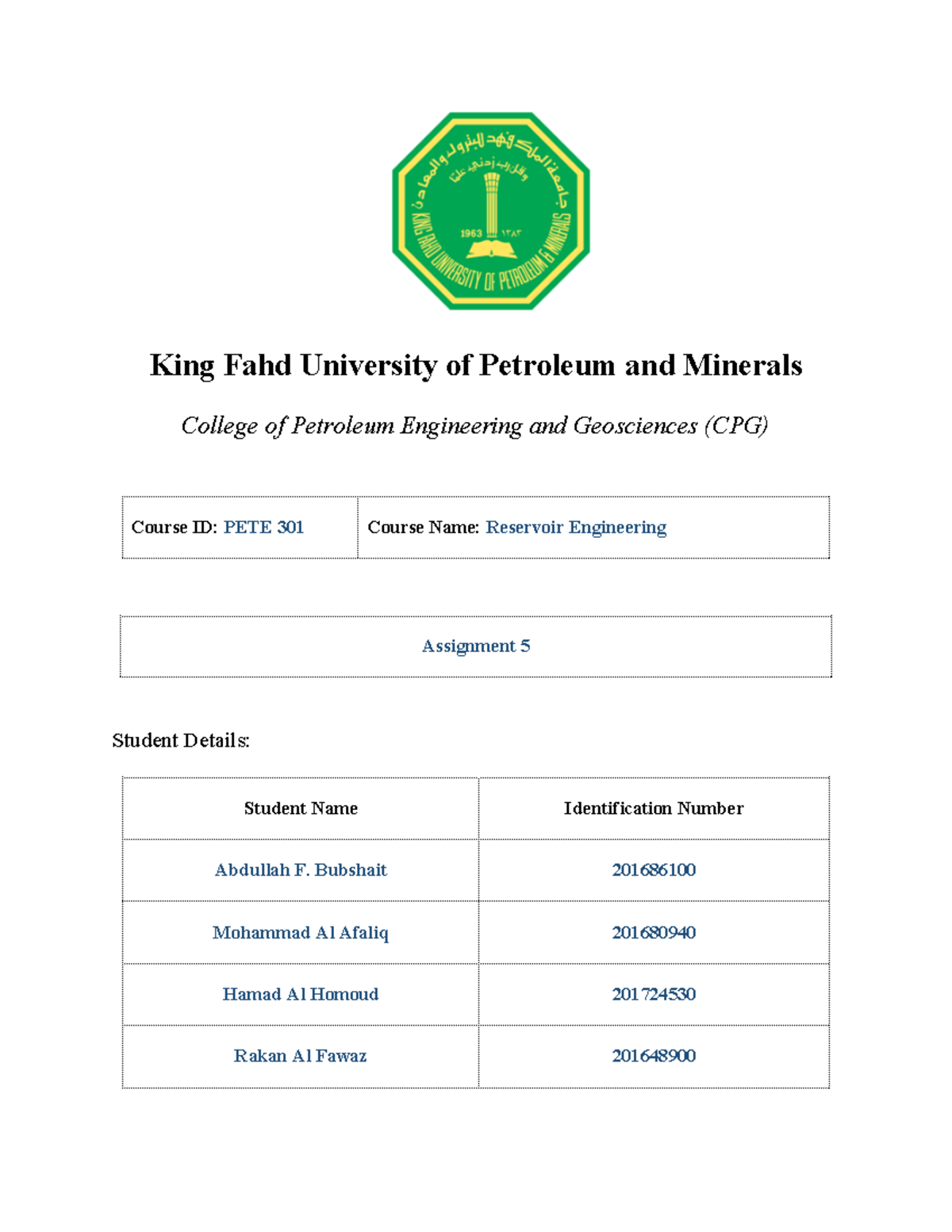 Assignment 5 - hjnolnolijmpoijpoi; - King Fahd University of Petroleum ...