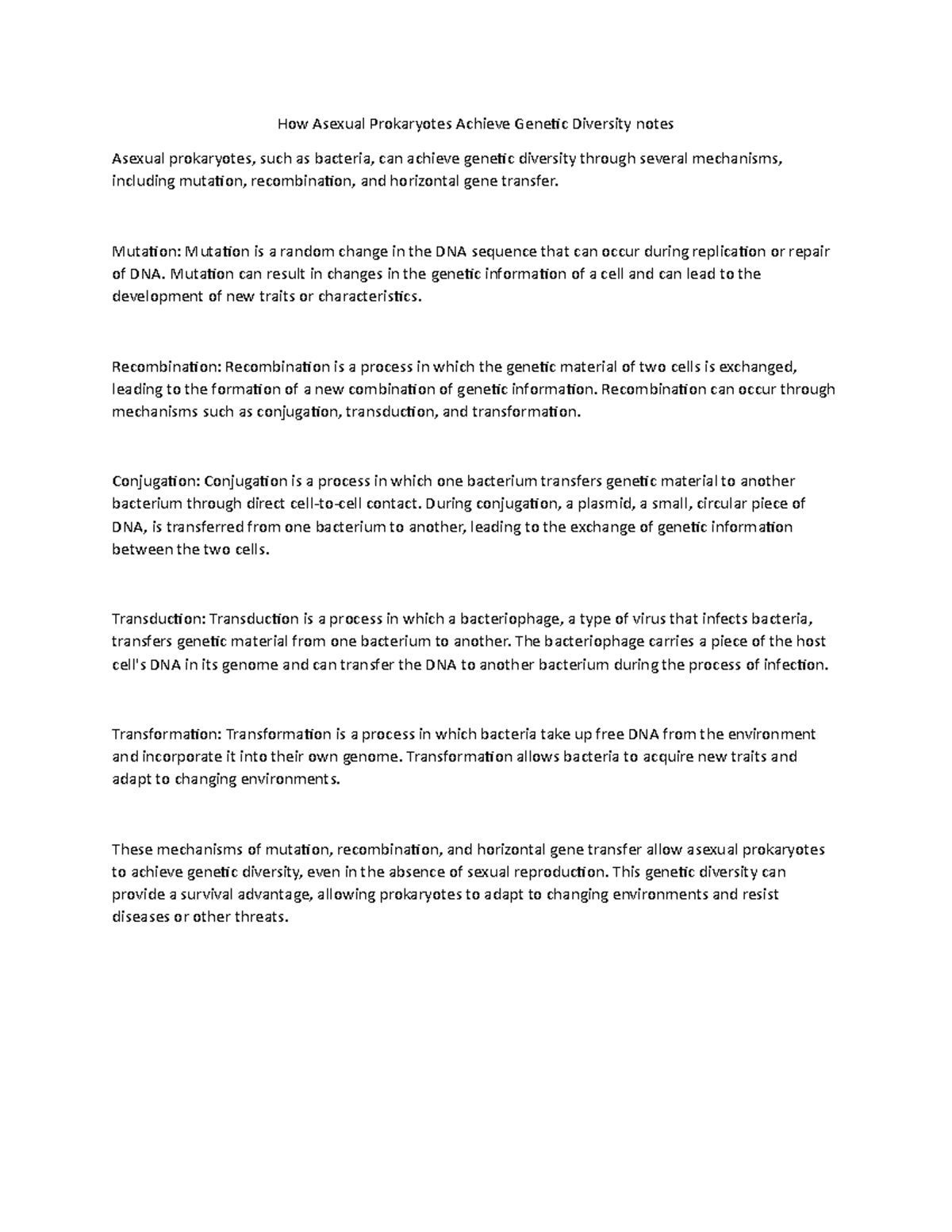 How Asexual Prokaryotes Achieve Genetic Diversity notes - Mutation ...