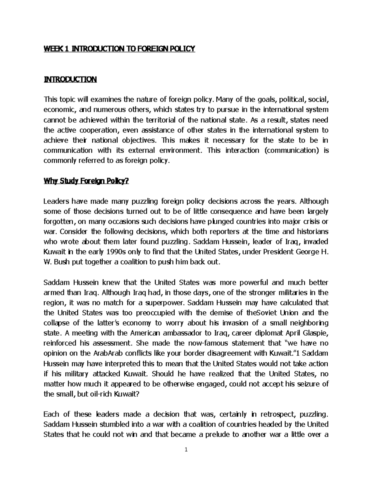 WEEK 1 Topic 1.1 Intro TO FP - WEEK 1 INTRODUCTION TO FOREIGN POLICY ...