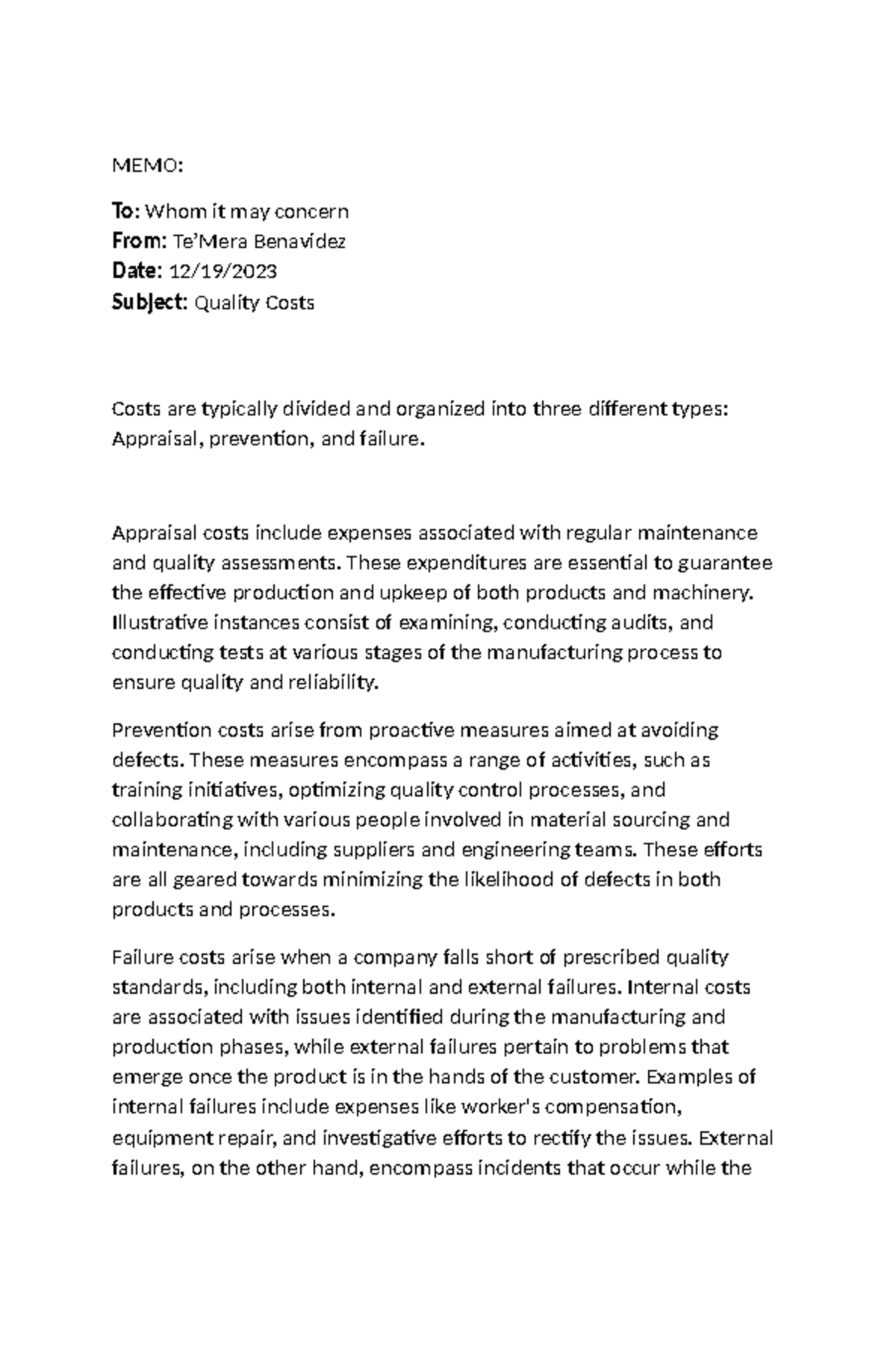 QHT1 - Task 1 - task 1 - MEMO: To: Whom it may concern From: Te’Mera ...