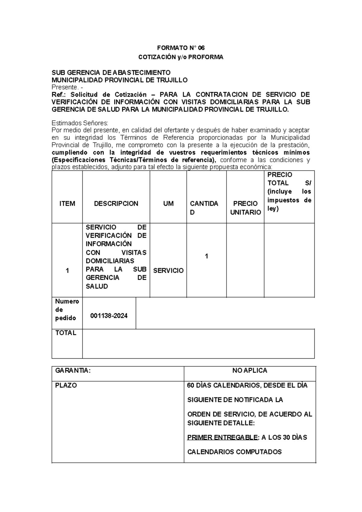 1. Formatos Pedido N° 001138-2024 - FORMATO N° 06 COTIZACIÓN y/o PROFORMA SUB GERENCIA DE - Studocu