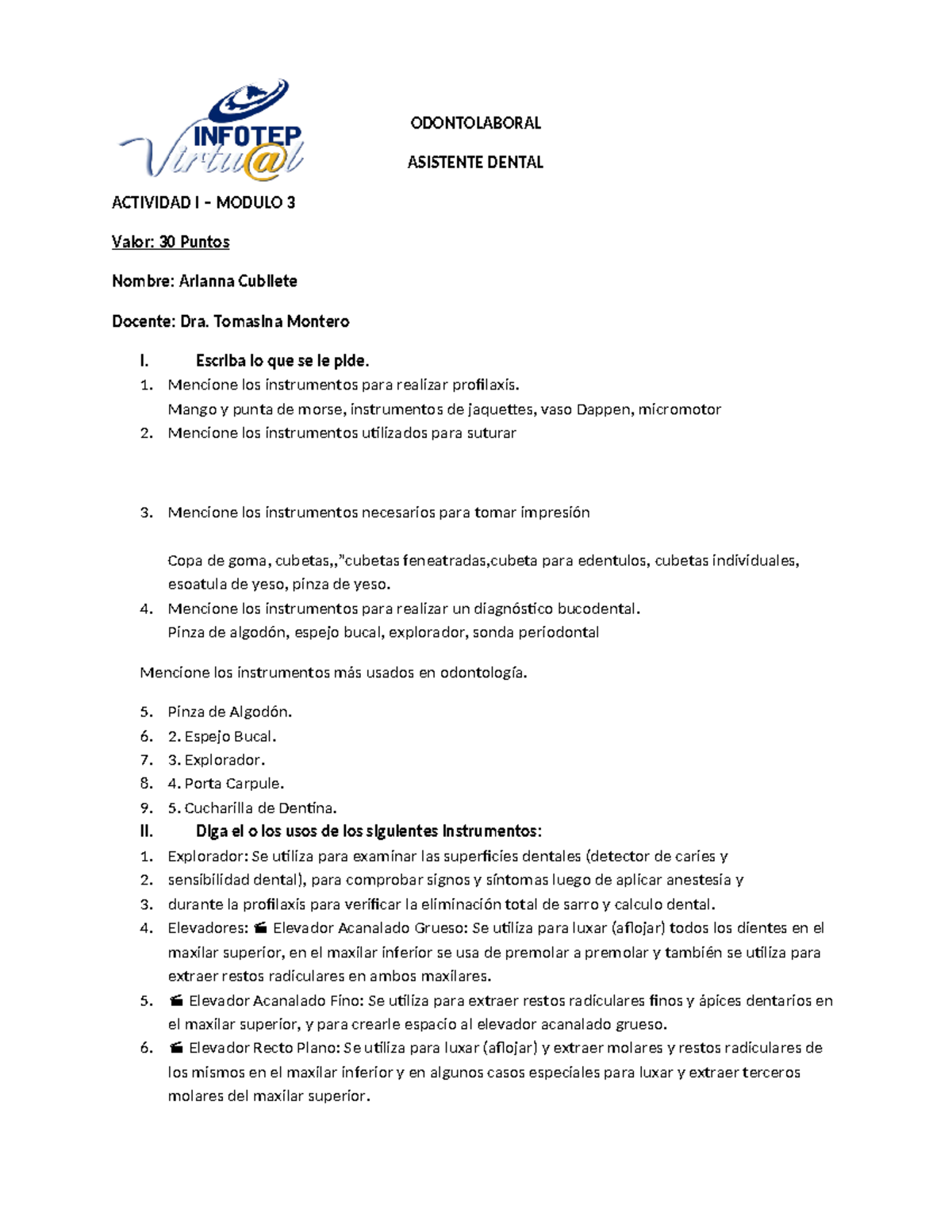 Actividad 1 modulo 3 - Jsjaj - ODONTOLABORAL ASISTENTE DENTAL ACTIVIDAD ...