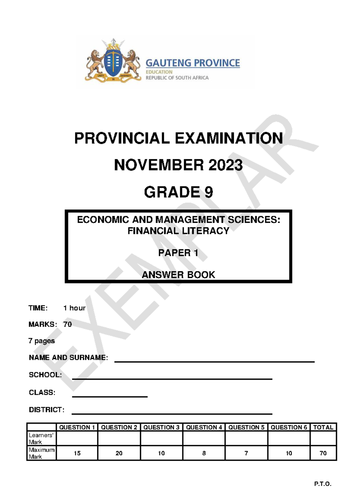 Gr 9 EMS P1 (English) November 2023 Answer Book - PROVINCIAL ...