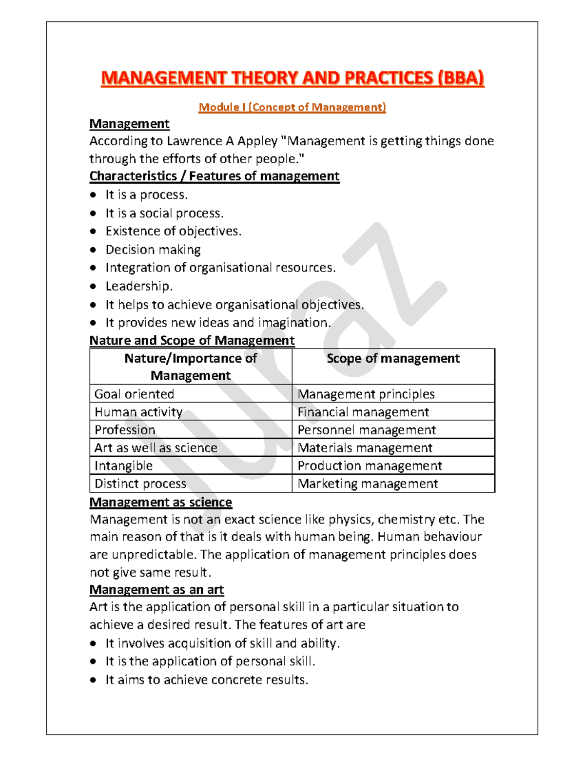 Mgt theory practices- BBA - Short note- 221001 191558 - Module I ...