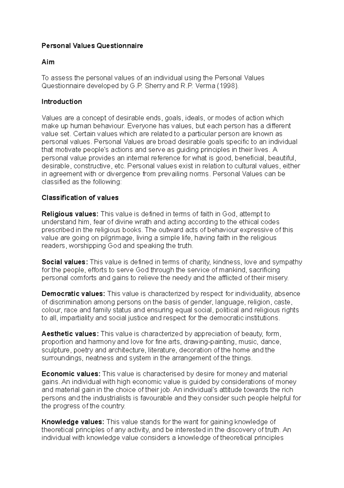 Personal Values Questionnaire - Sherry and R. Verma (1998 ...