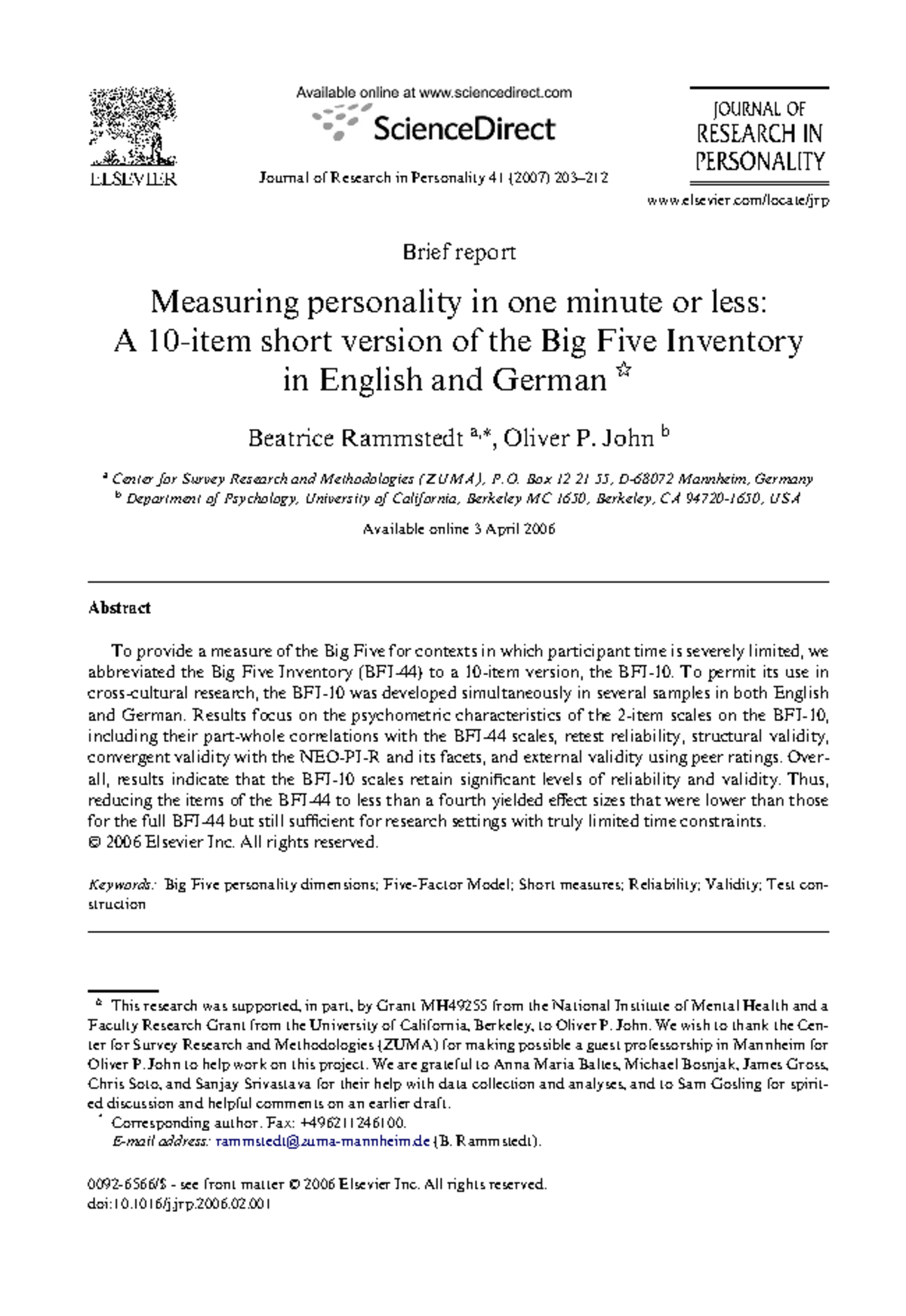 BFI-10 - All the best!! - Journal of Research in Personality 41 (2007 ...