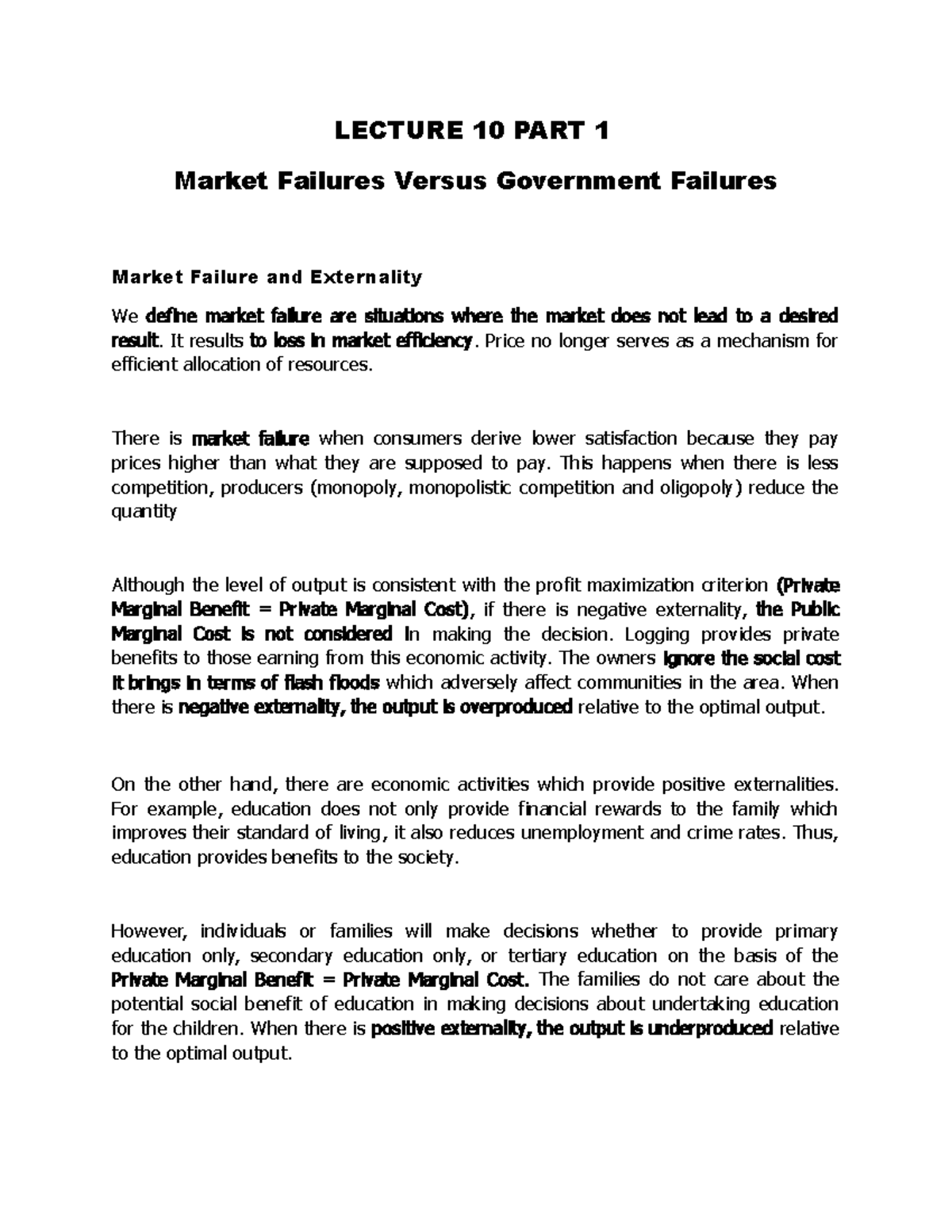 Lecture 10 PART 1 Market Failures Versus Government Failures - LECTURE ...