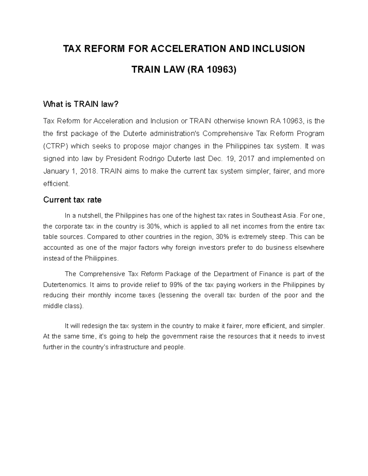 ECO Final CP - TAX REFORM FOR ACCELERATION AND INCLUSION TRAIN LAW (RA 10963) - TAX REFORM FOR ...
