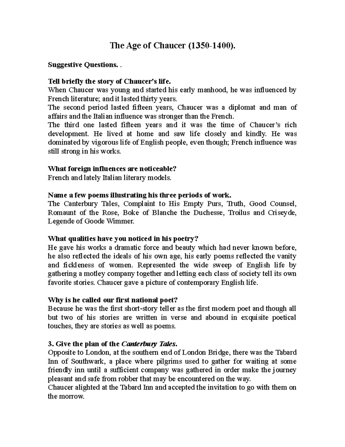 Chapter IV. Age of Chaucer Homework - The Age of Chaucer Suggestive ...